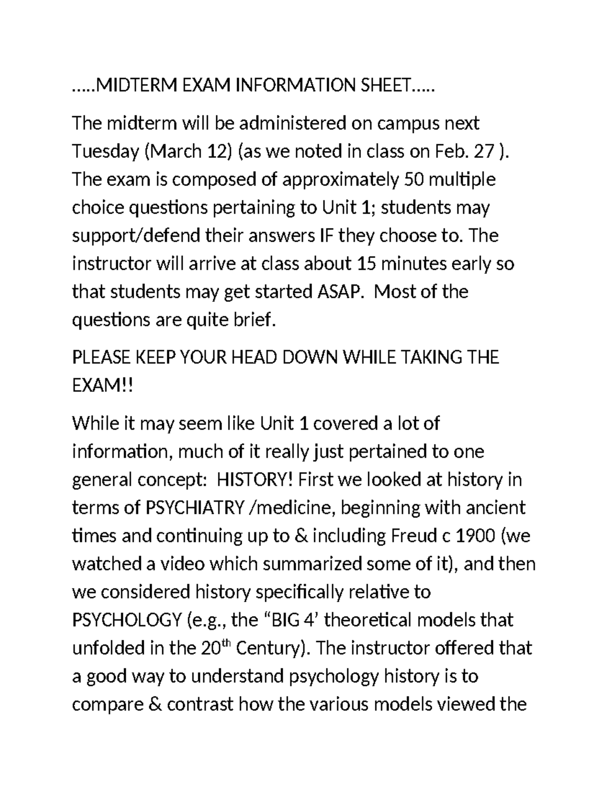 Spring Midterm EXAM Information Sheet) - .... EXAM INFORMATION SHEET ...