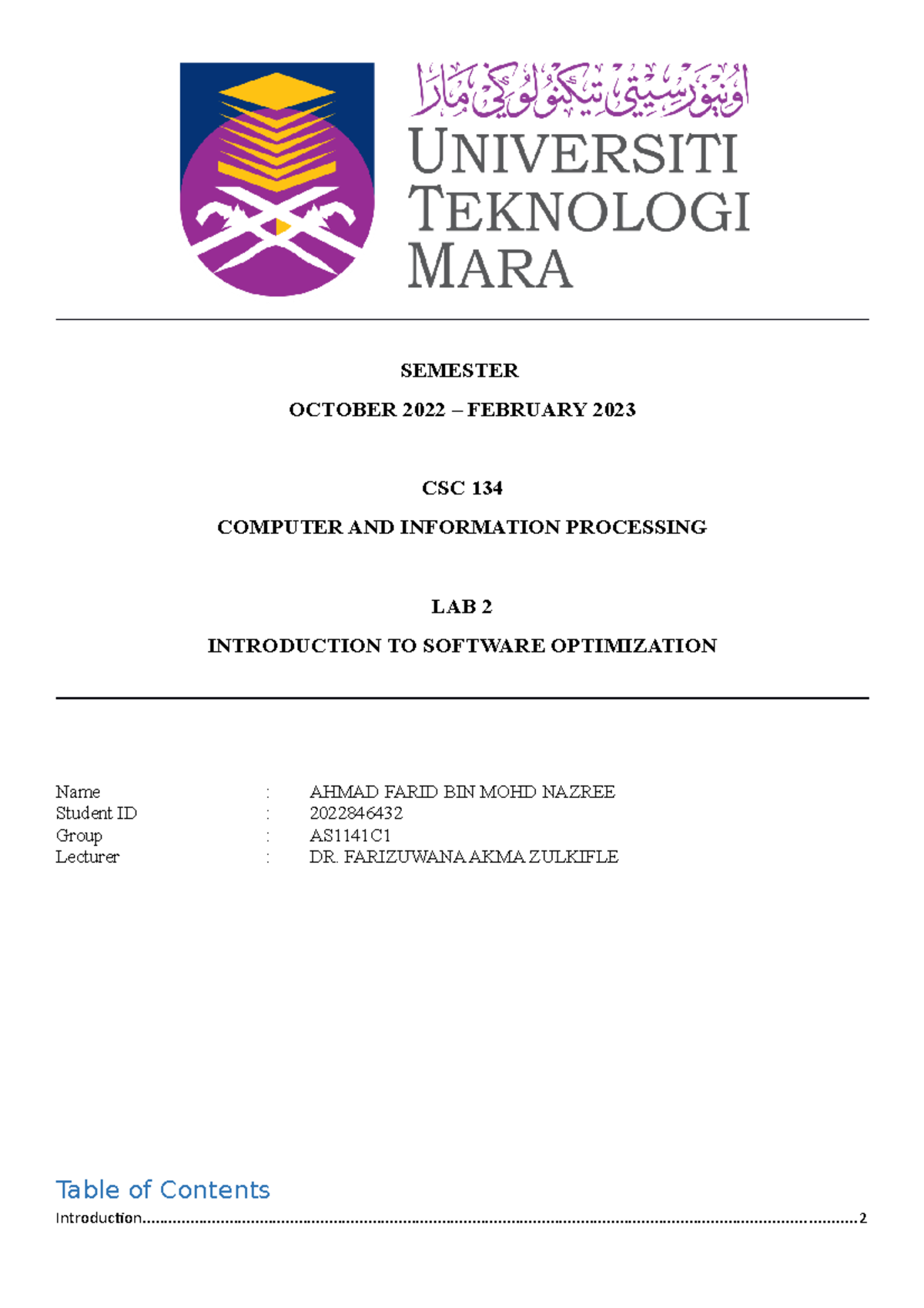 AS1141C1 Ahmadfarid 2022846432 LAB2 - SEMESTER OCTOBER 2022 – FEBRUARY ...