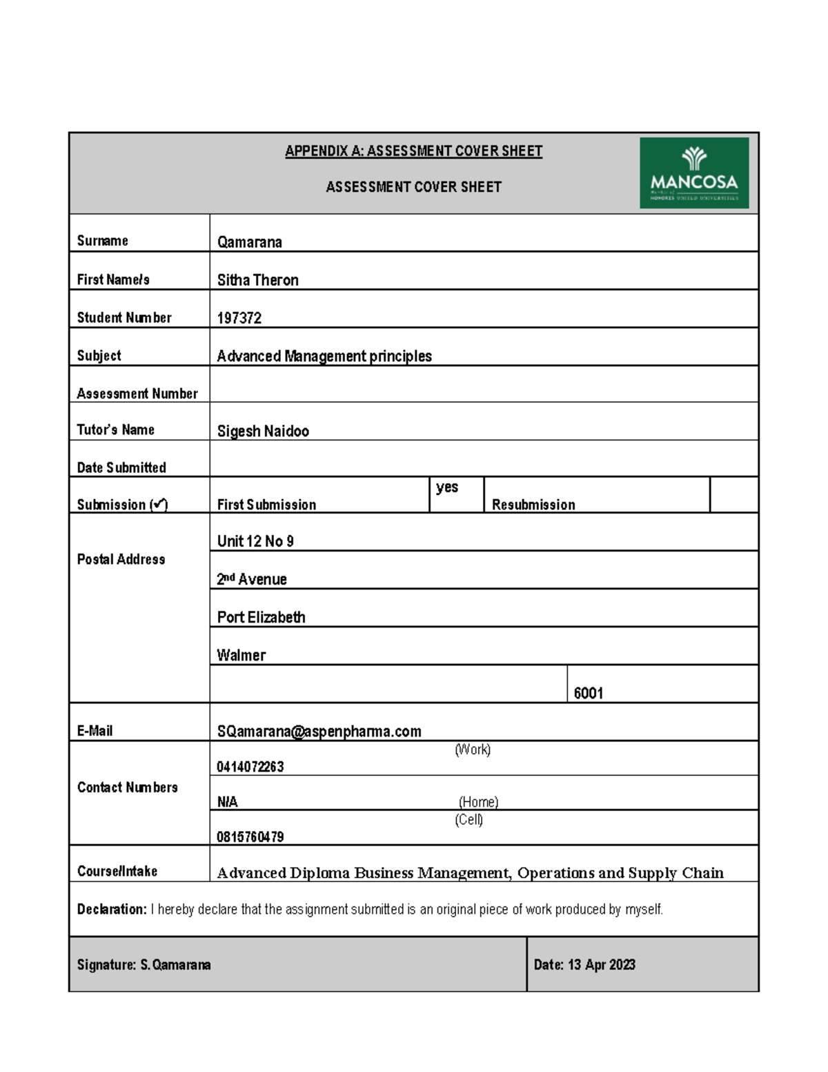 Management principles Assignment 1 - APPENDIX A: ASSESSMENT COVER SHEET ...
