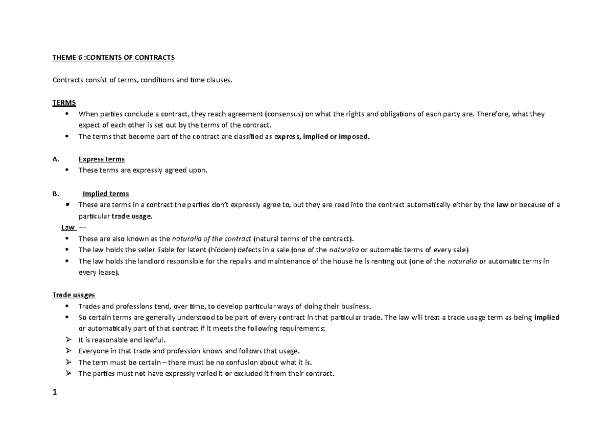 Theme 6 Notes Quiz - THEME 6 :CONTENTS OF CONTRACTS Contracts consist ...