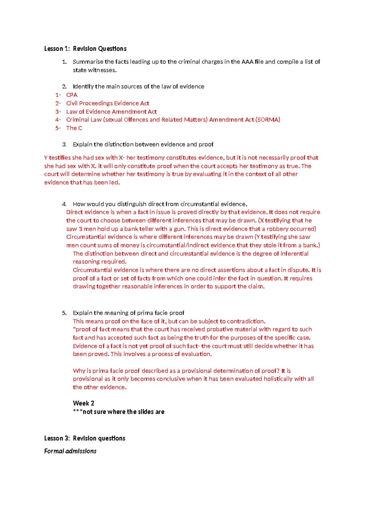 Evidence Questions FOR EXAM - Lesson 1: Revision Questions 1. Summarise ...