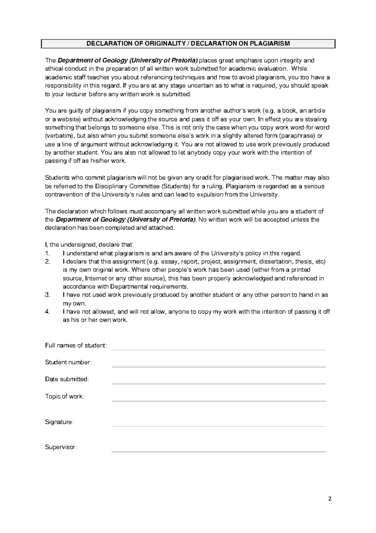 Plagiarismform - plagiarism form - 2 DECLARATION OF ORIGINALITY ...