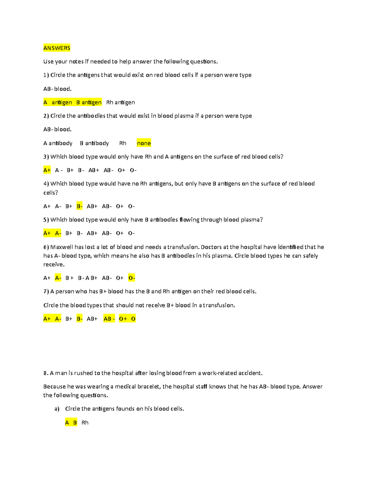 Blood typing activity - ANSWERS Use your notes if needed to help answer ...