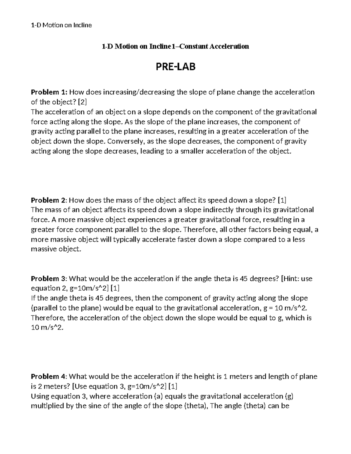 Lab-2 Motion on Incline LAB - 1-D Motion on Incline 1-D Motion on ...