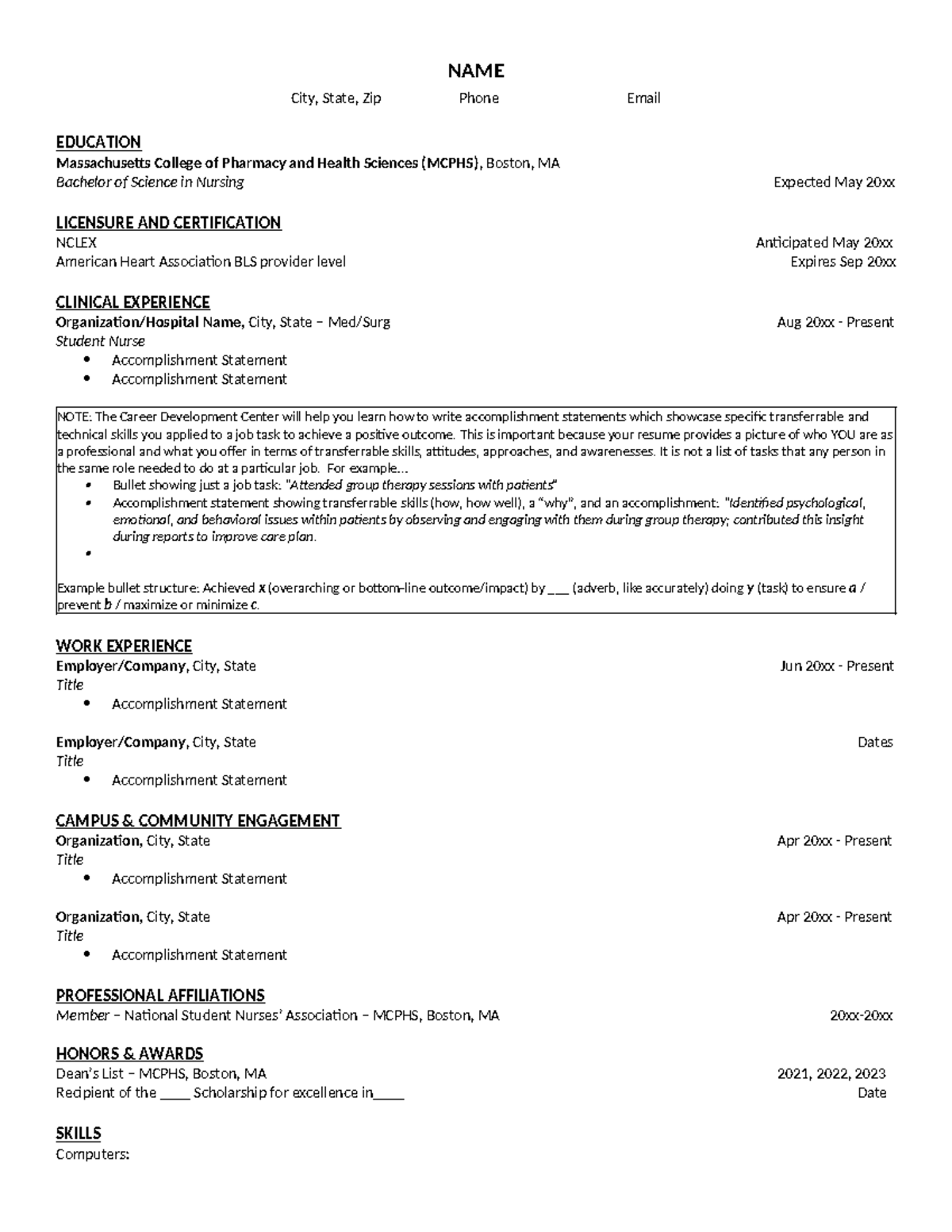 NUR 522 Resume template FA23 8.25.23 - NAME City, State, Zip Phone ...
