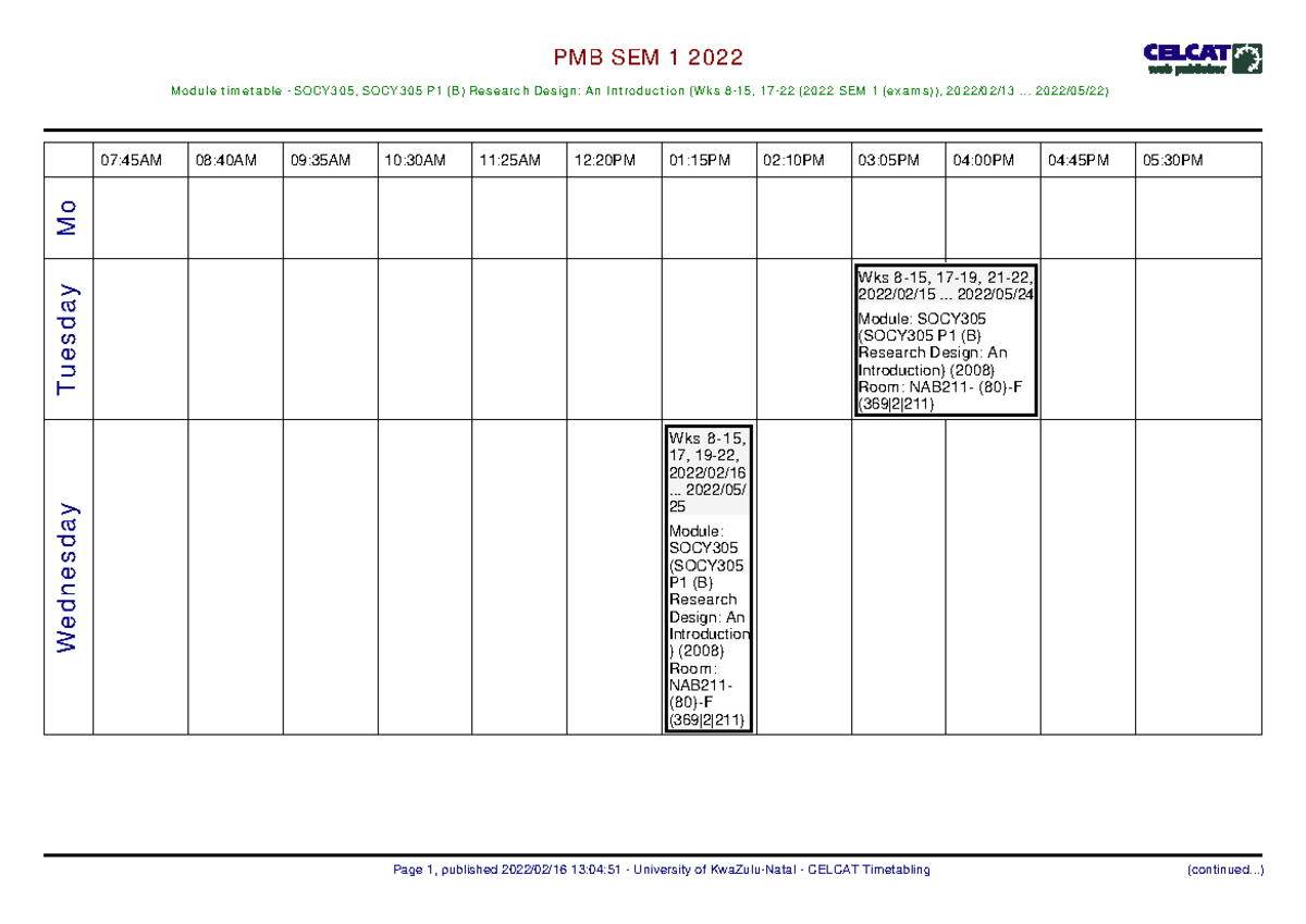 2022 305 timetable celcat - PMB SEM 1 2022 Module timetable - SOCY305 ...