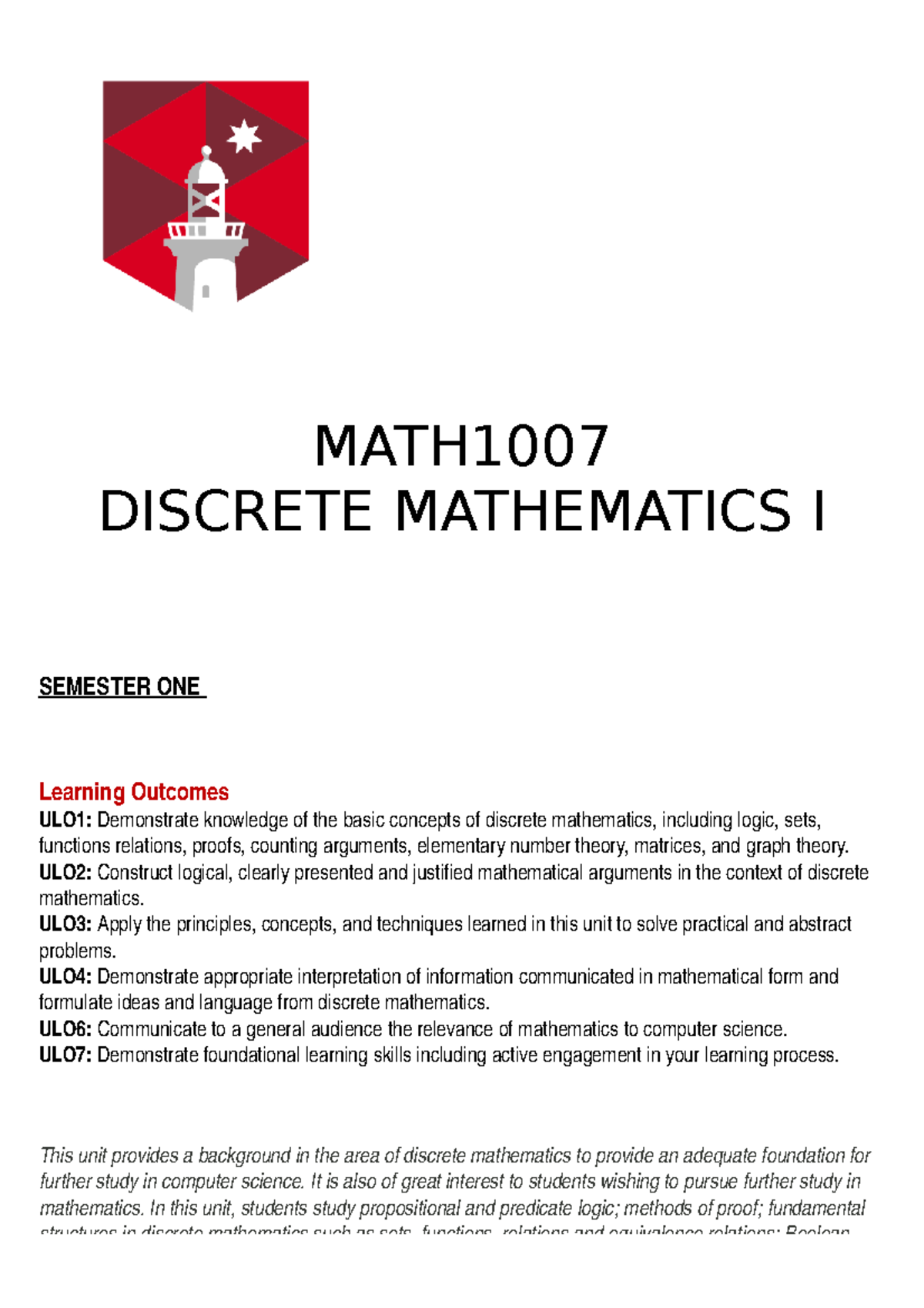 MATH1007 Notes - MATH DISCRETE MATHEMATICS I SEMESTER ONE Learning ...