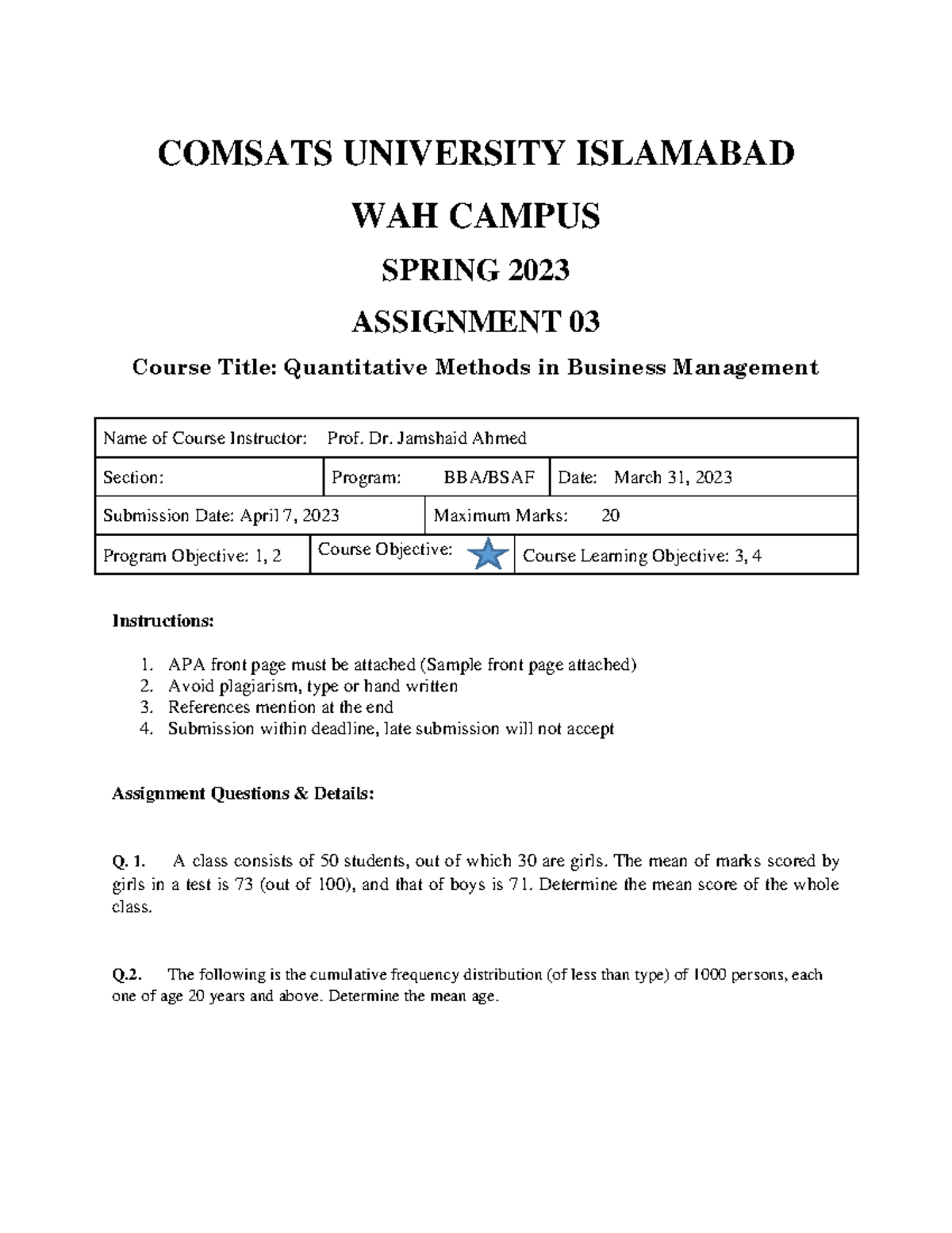 Assignment 3 QAM - COMSATS UNIVERSITY ISLAMABAD WAH CAMPUS SPRING 2023 ASSIGNMENT 03 Course ...