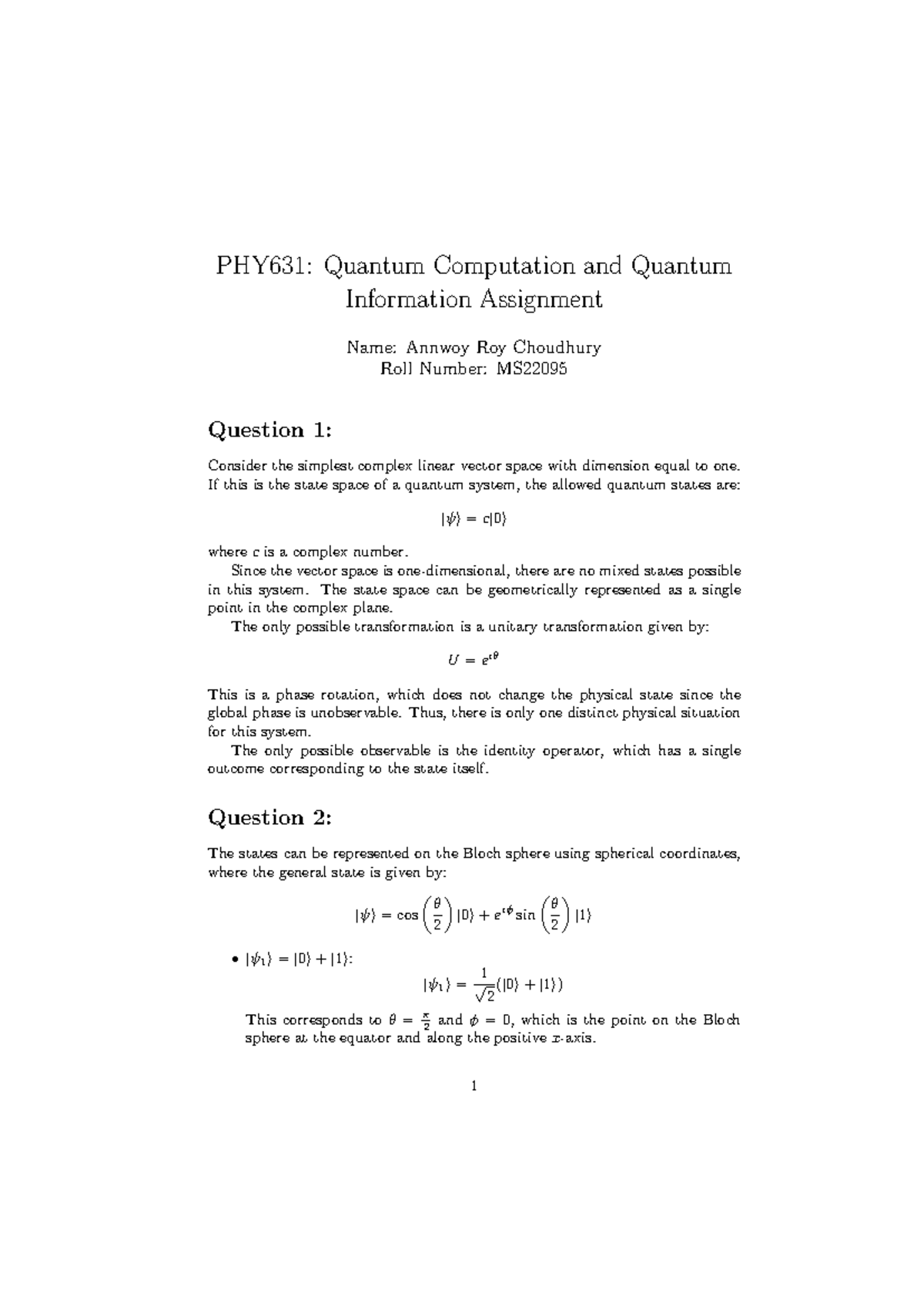 Assignment 1 Solutions - PHY631: Quantum Computation and Quantum ...
