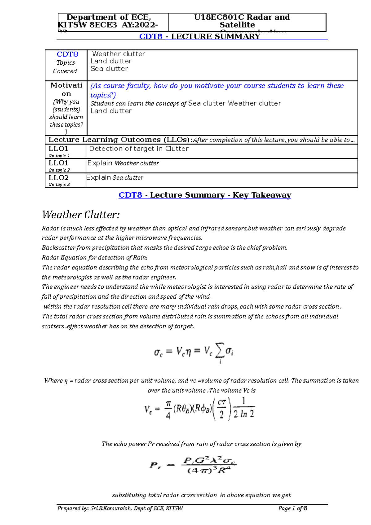 Weather clutter land clutter - Department of ECE, KITSW 8ECE3 AY:2022 ...
