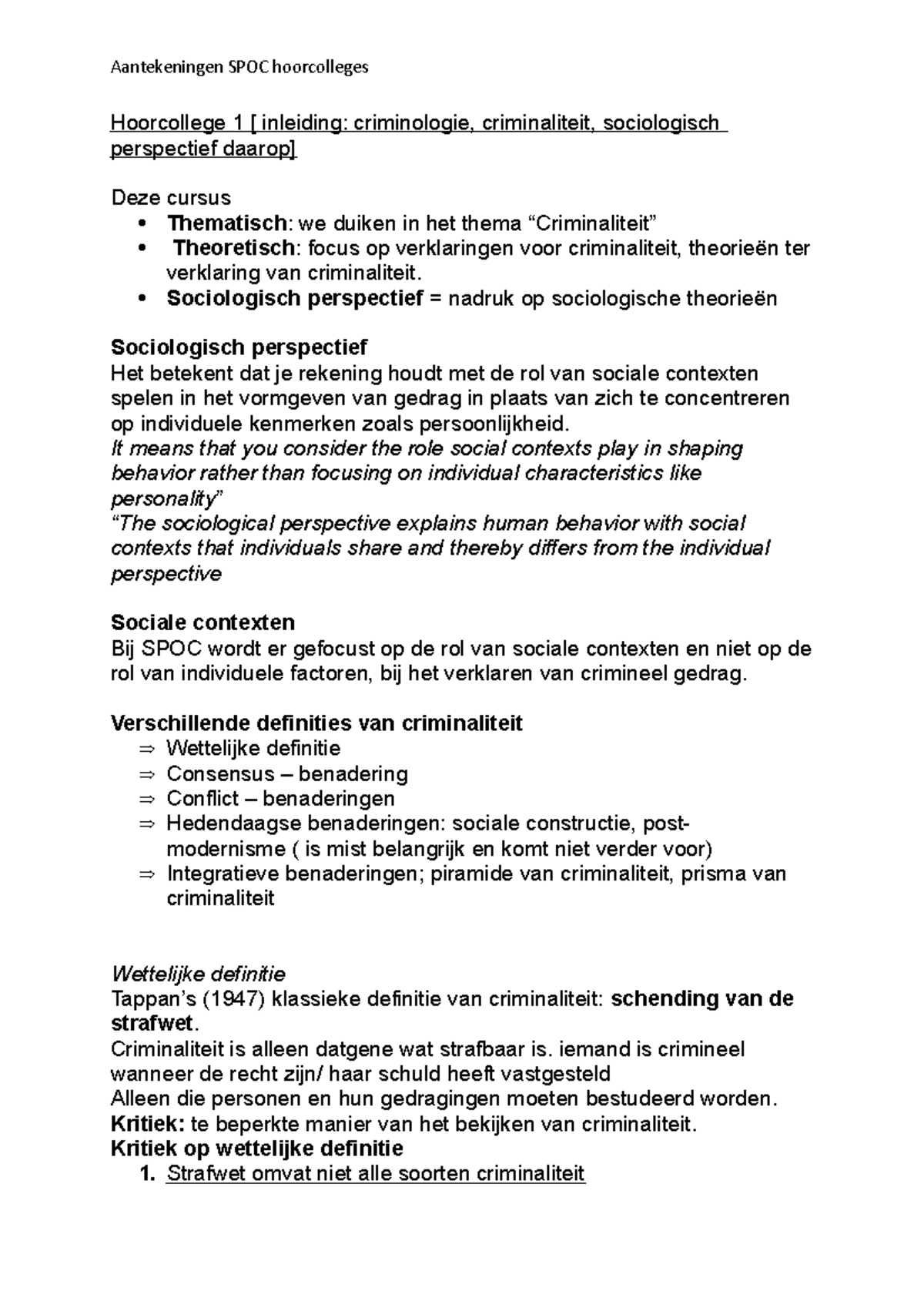 Hoorcollege 1 - Sociologisch perspectief = nadruk op sociologische ...