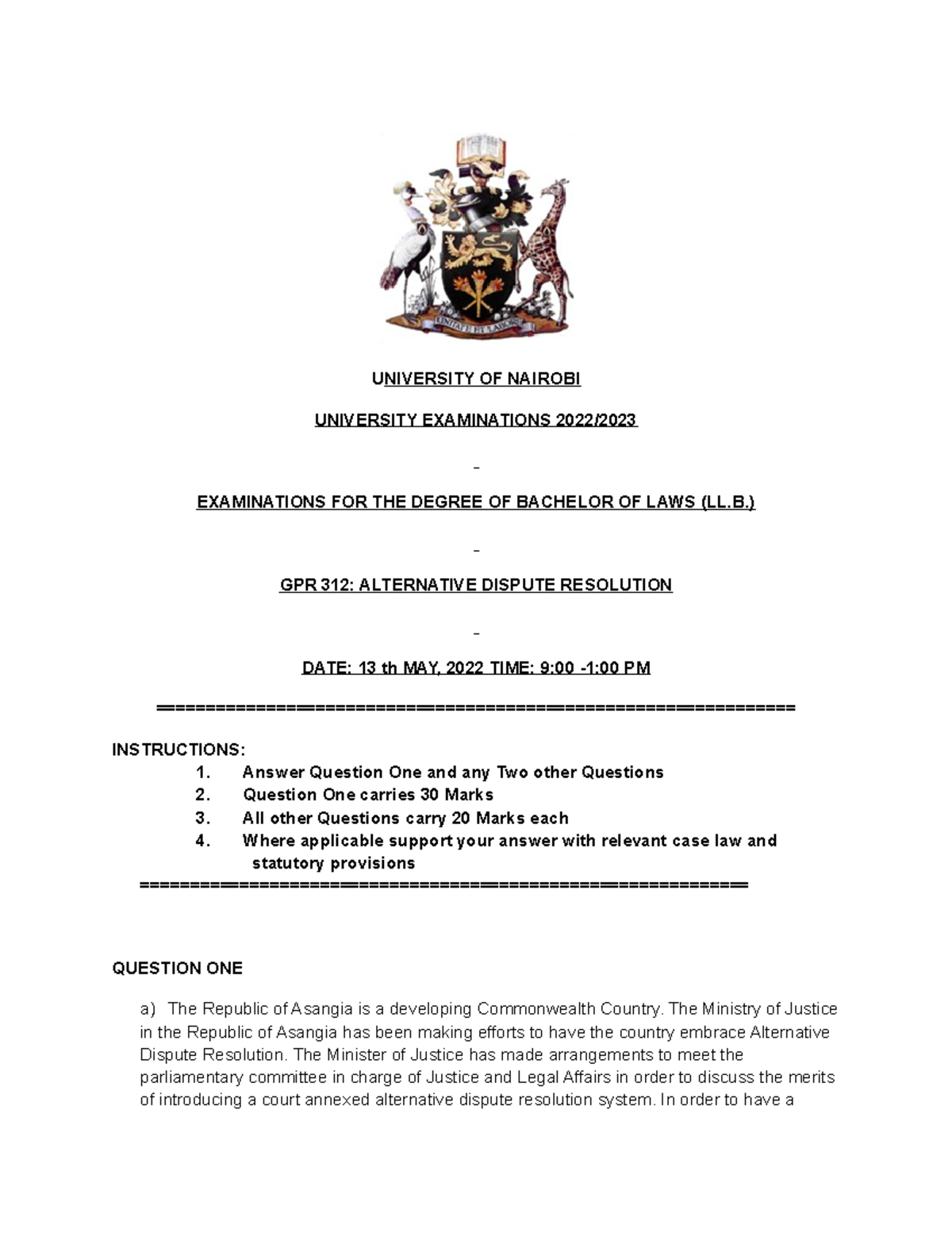 ADR EXAM - ADR EXAM - UNIVERSITY OF NAIROBI UNIVERSITY EXAMINATIONS ...