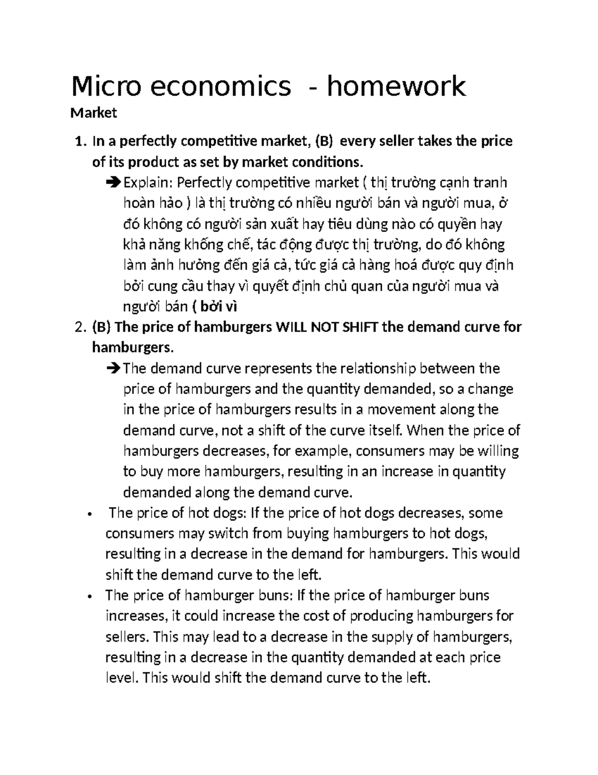 Micro economics - Market - Micro economics - homework Market 1. In a ...