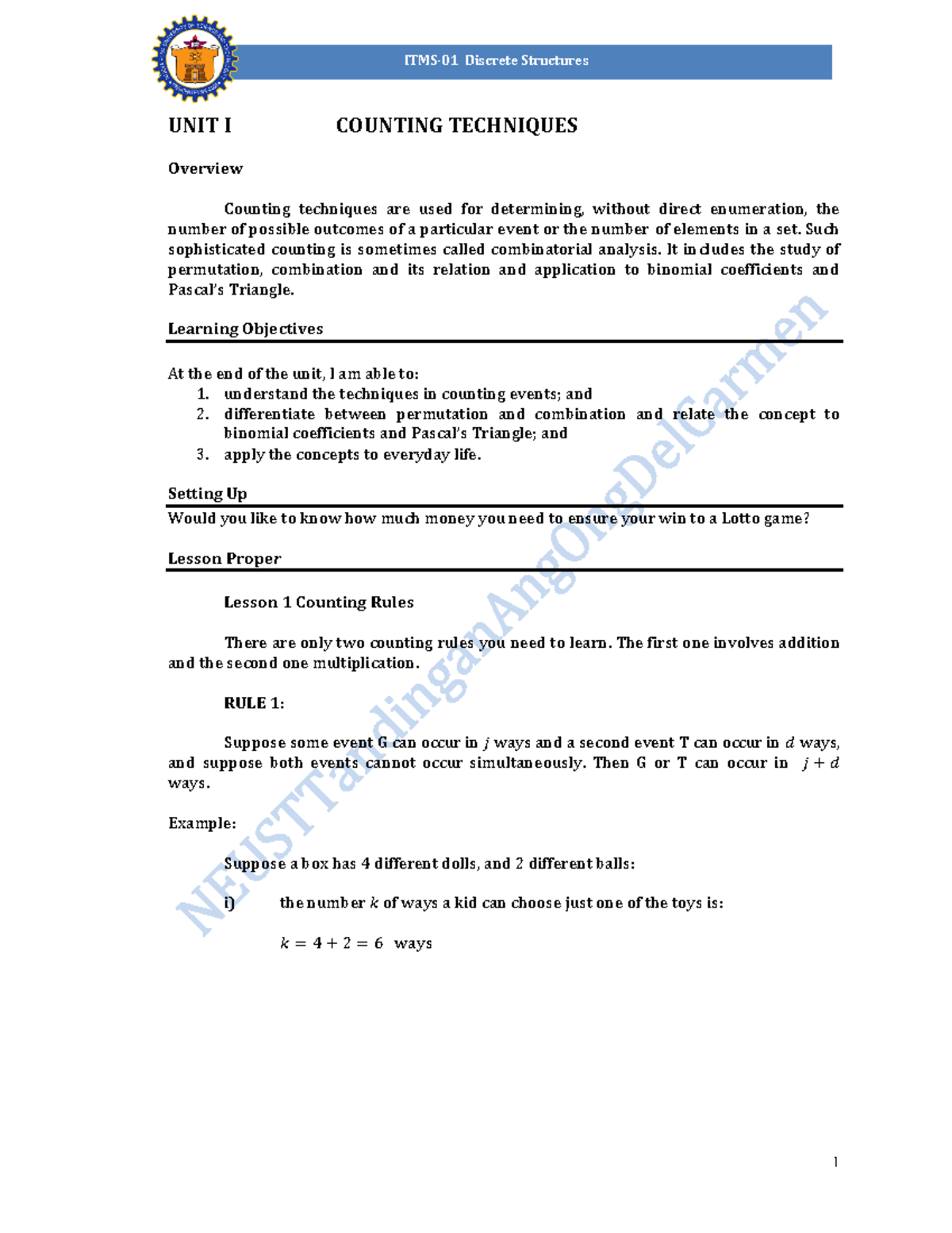 UNIT I Counting Techniques - UNIT I COUNTING TECHNIQUES Overview Counting techniques are used ...