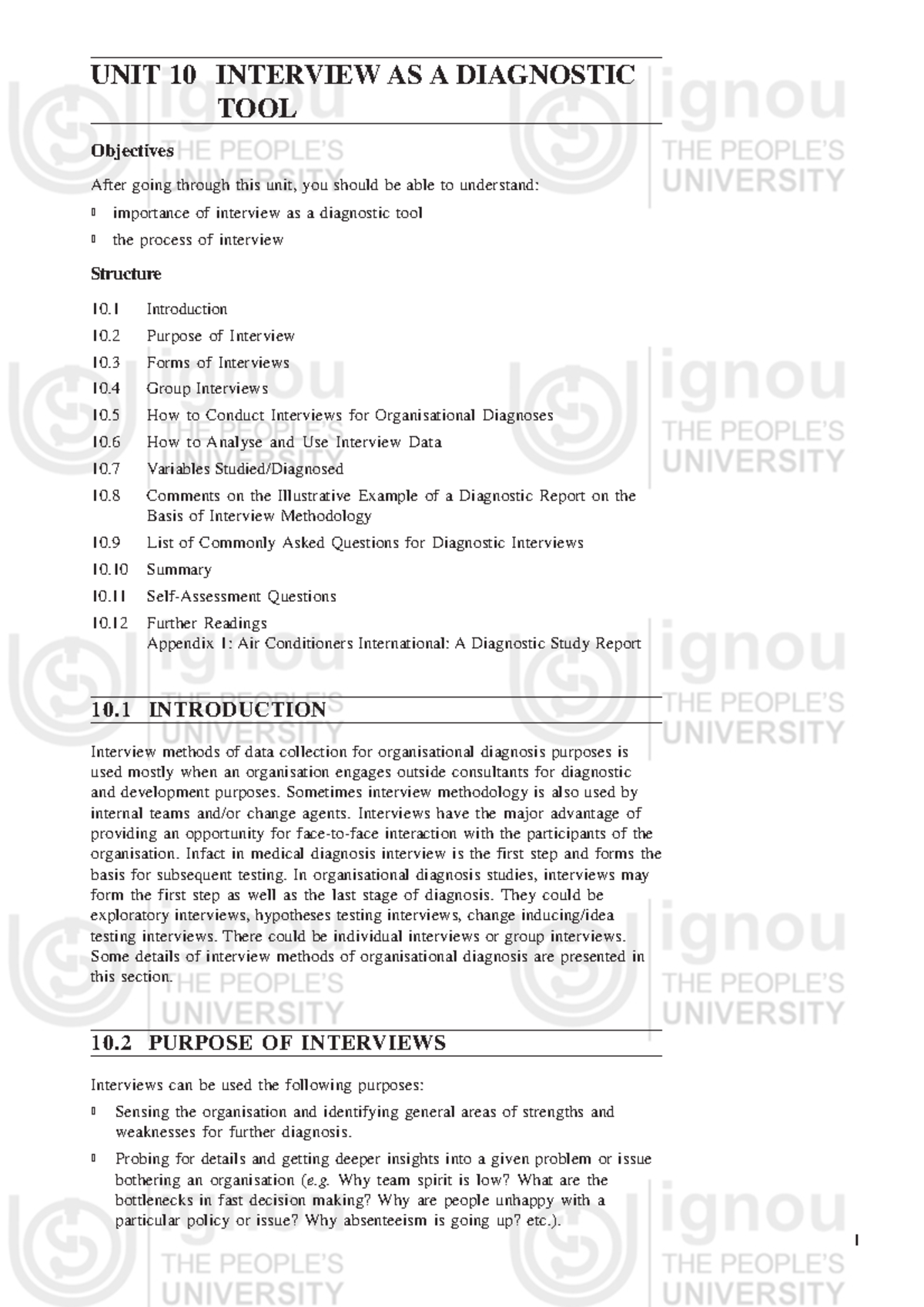 Diagnostic interview Ignou - UNIT 10 INTERVIEW AS A DIAGNOSTIC TOOL Objectives After going ...