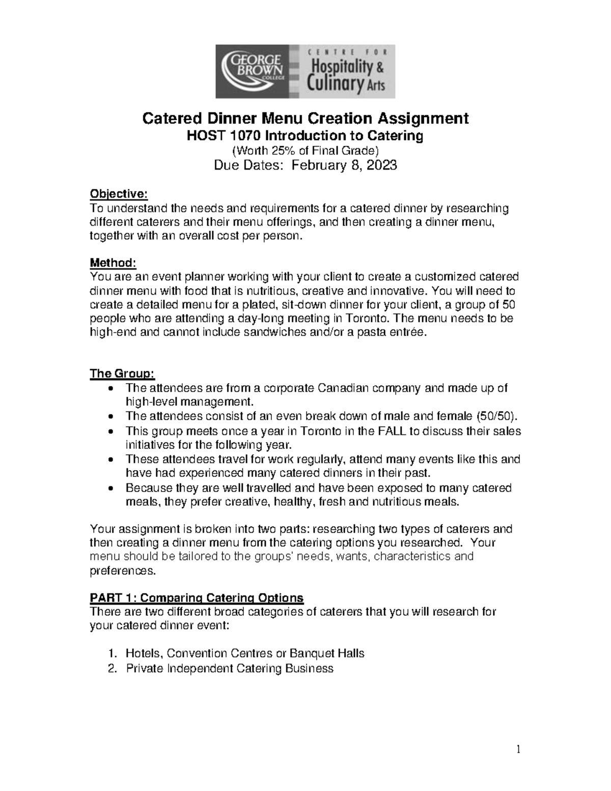 HOST 1070 Assignment #1 Catered Dinner - 1 Catered Dinner Menu Creation ...