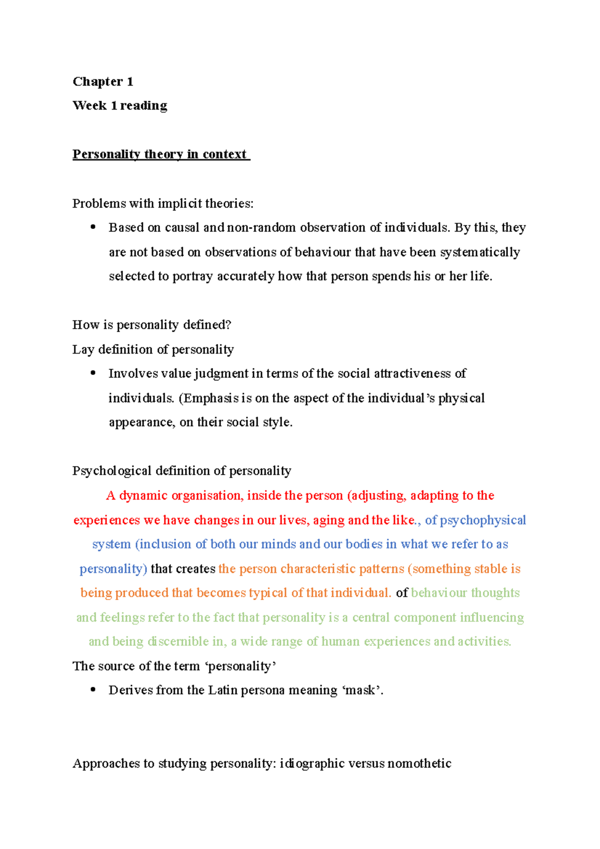 Week 1 personality - notes - Chapter 1 Week 1 reading Personality ...