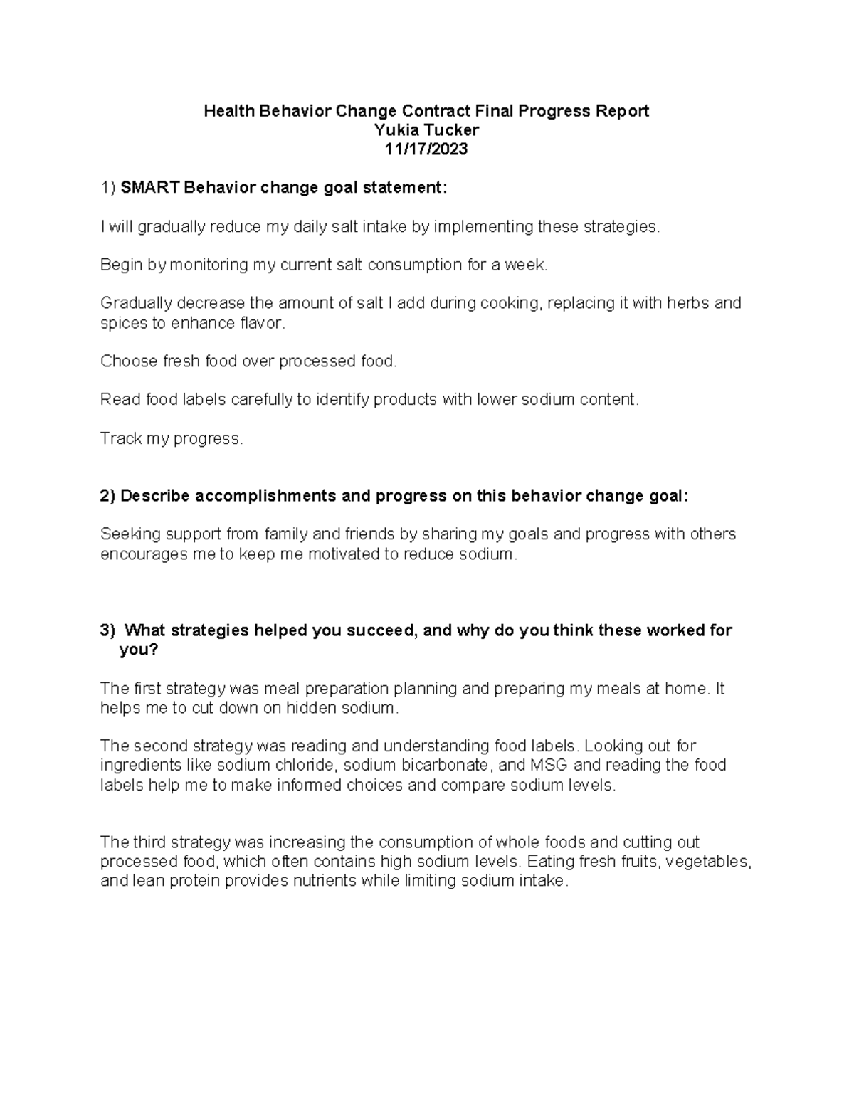 Health Behavior Change Contract Final Progress Report - Begin by ...