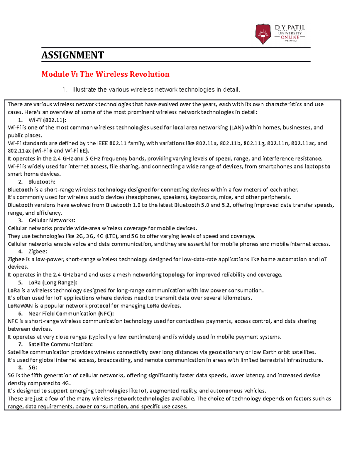 MIS-Module 5 - assingment - ASSIGNMENT Module V: The Wireless ...