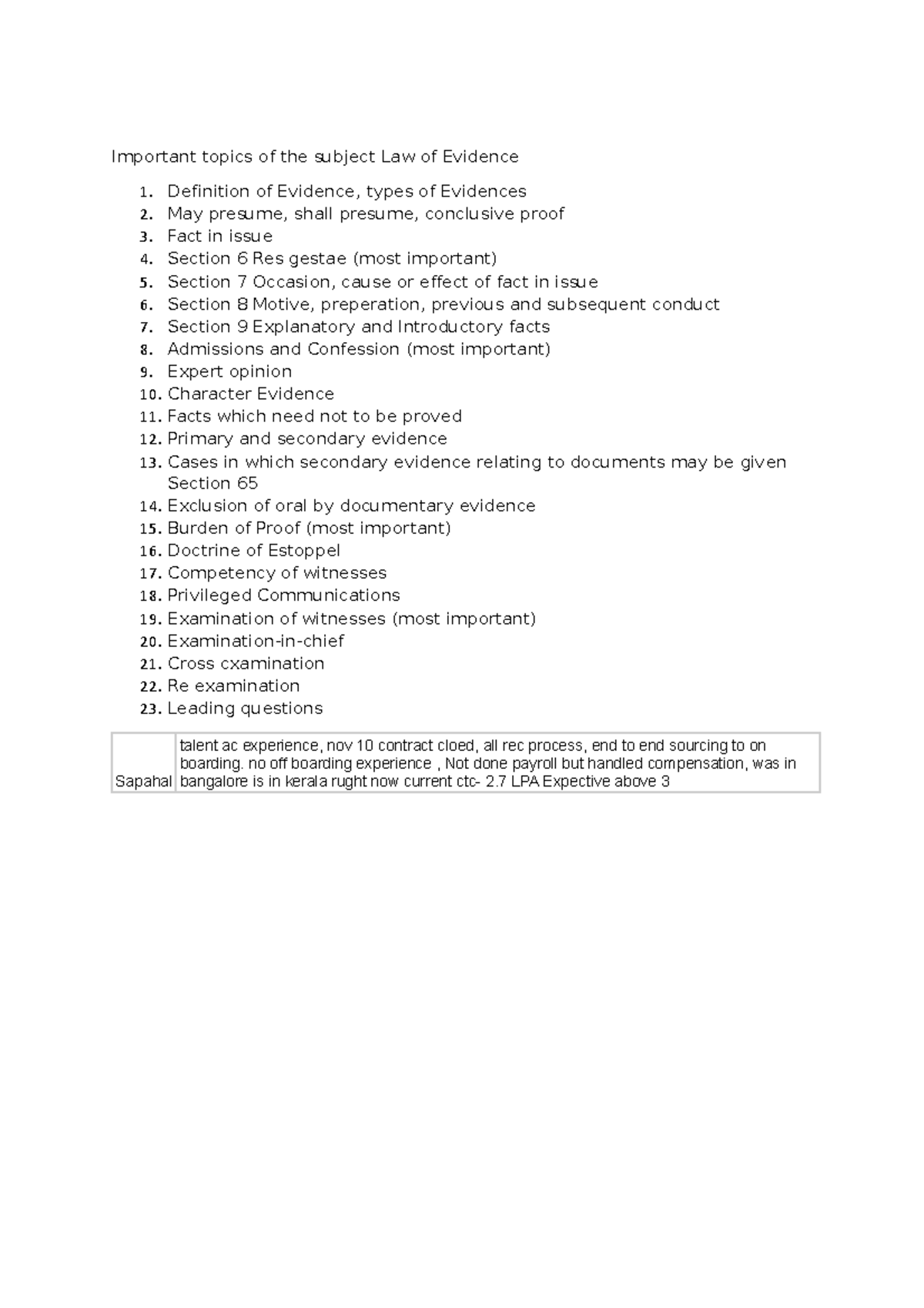 Evidence Important Questions - Important topics of the subject Law of ...