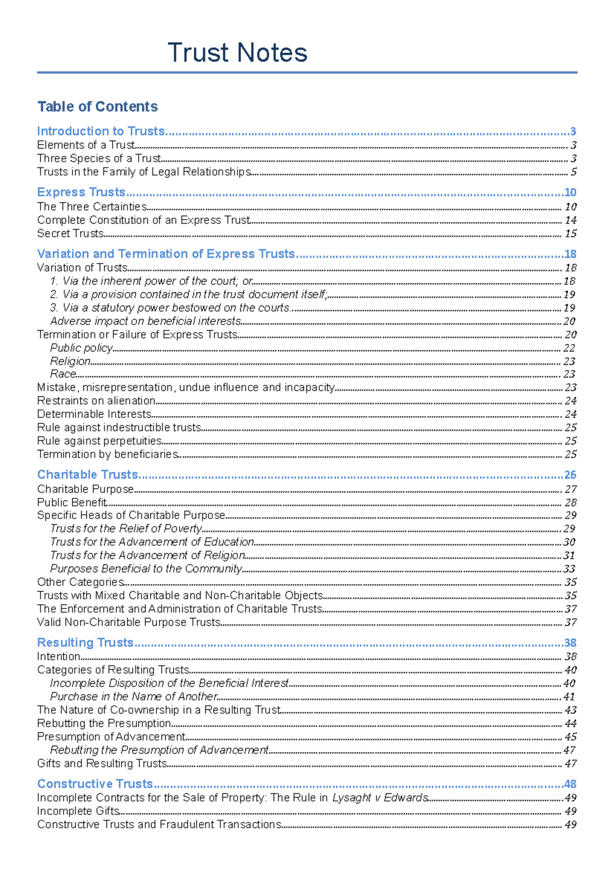 Trusts-some notes - Trust Notes Table of Contents Introduction to - Studocu