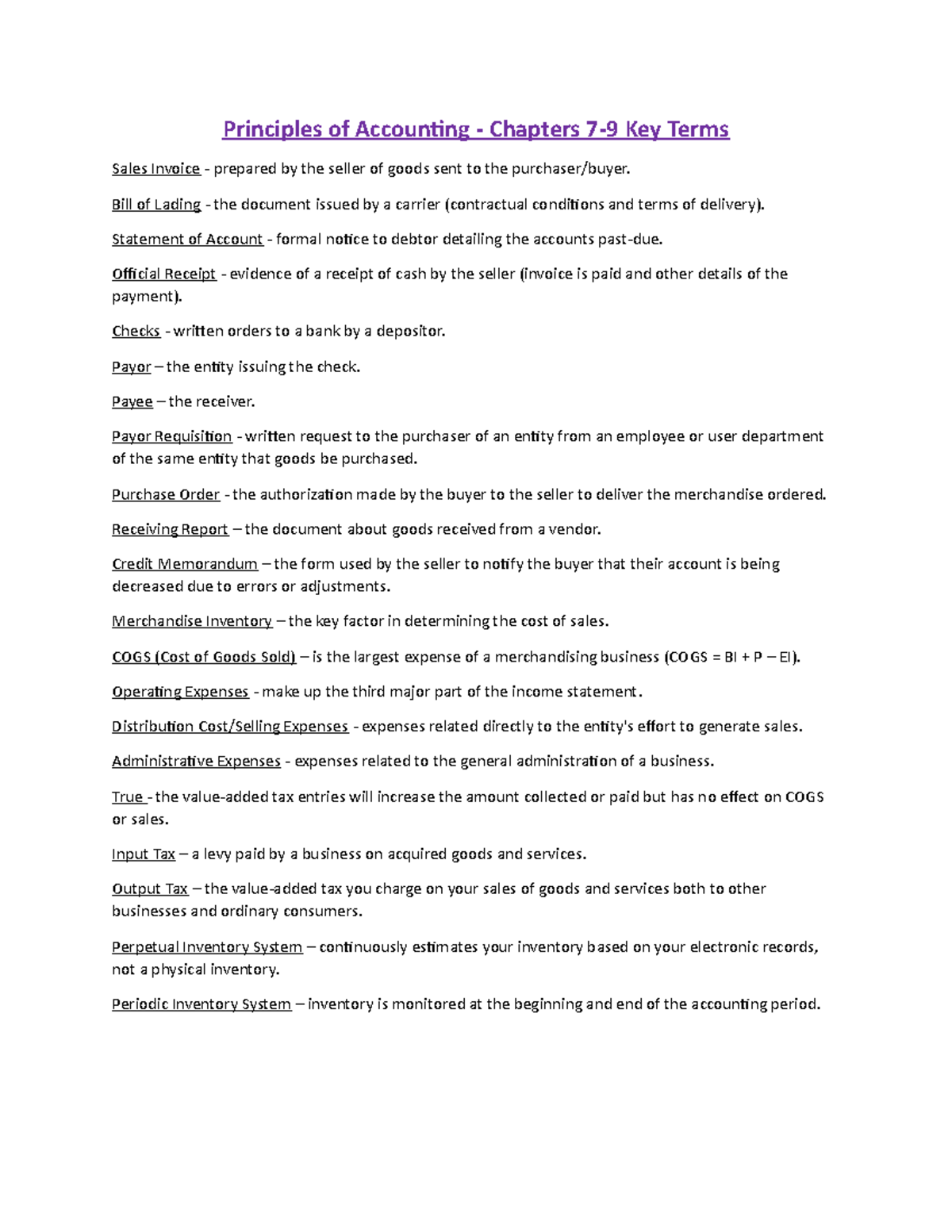 Chapter 7, 8, 9 Study Guide - Principles of Accounting - Chapters 7-9 ...