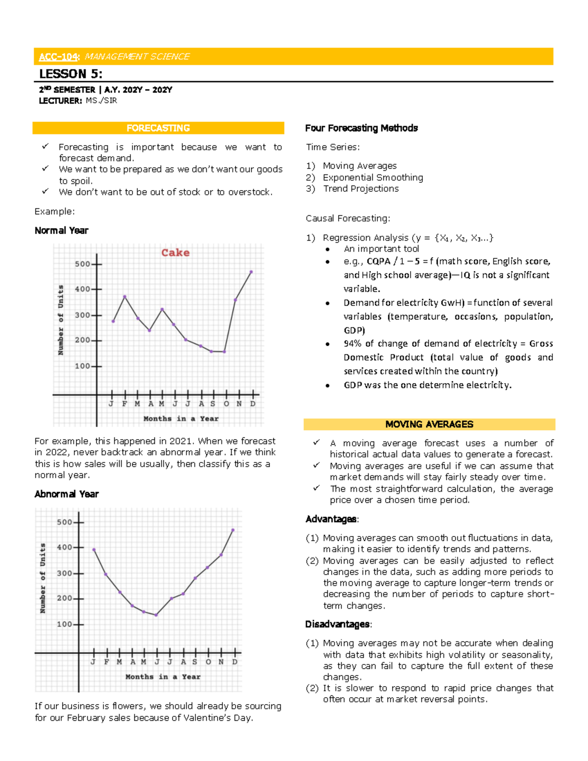 Management Science Forecasting - ACC- 104 : MANAGEMENT SCIENCE LESSON 5 ...