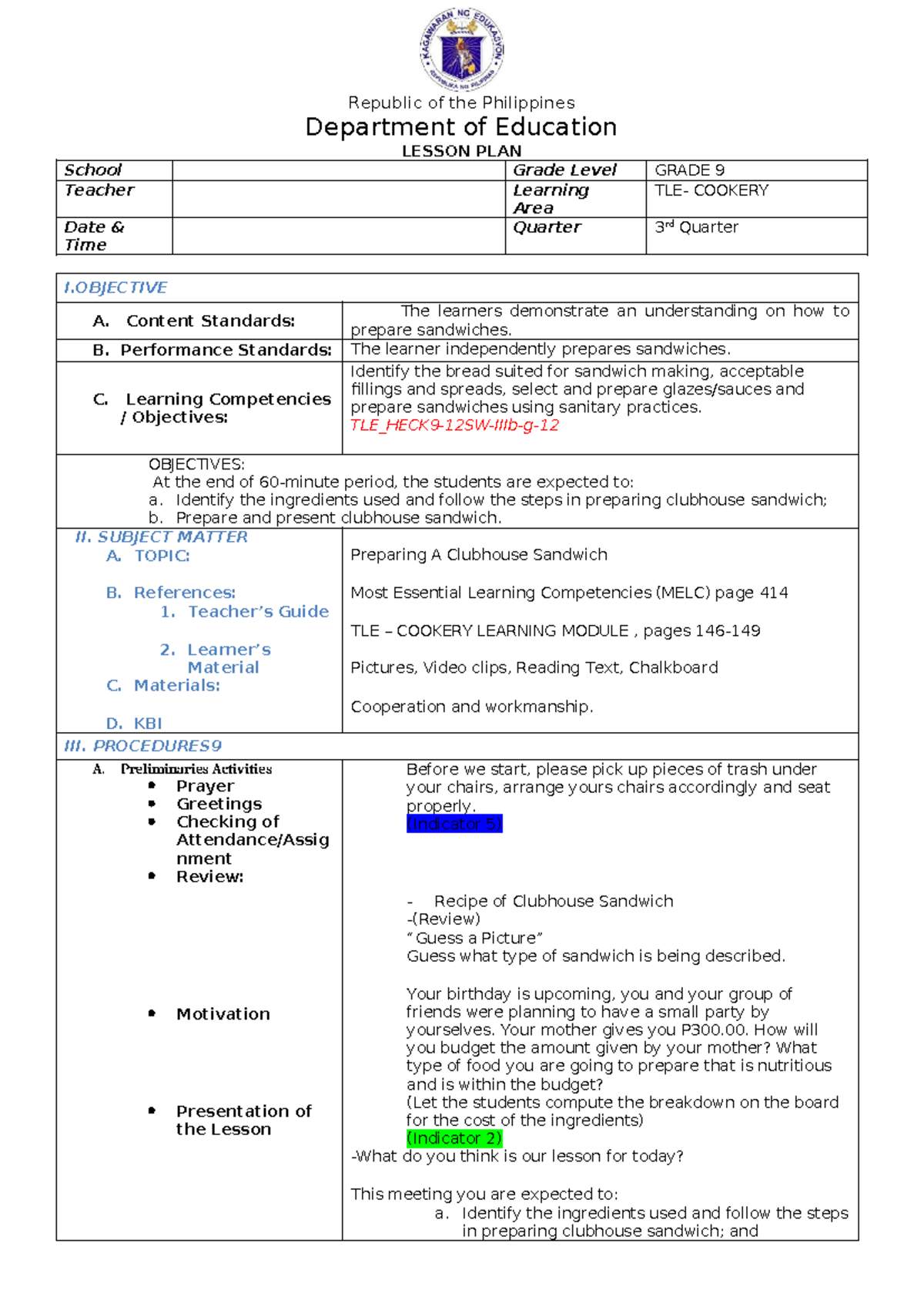 LP Q3 Cookery Identify Suitable Breads FOR Sandwiches - Republic of the ...