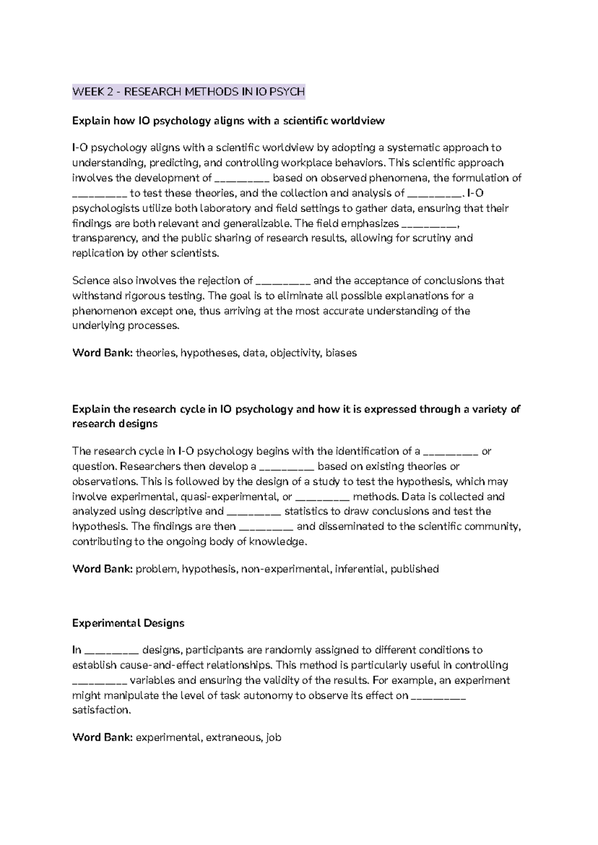 PSYC3309 WEEK 2 WORD BANK Exercise - WEEK 2 - RESEARCH METHODS IN IO ...