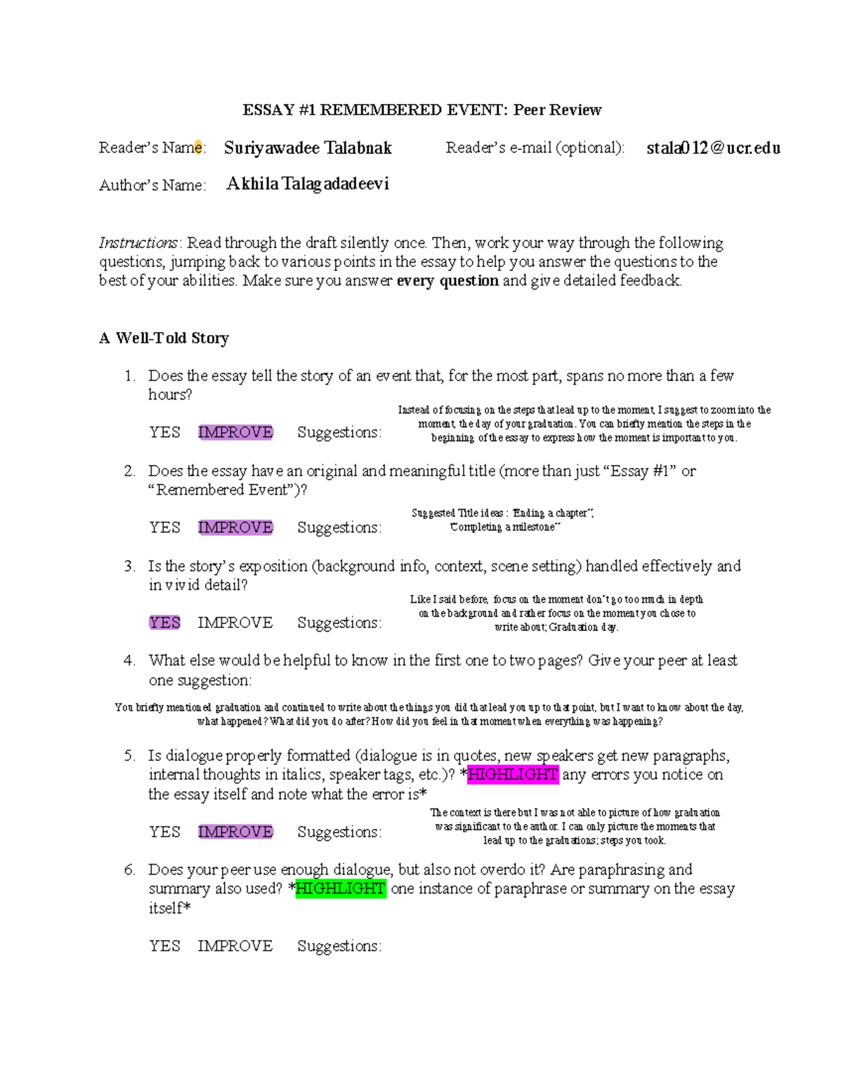 ENGL 1A S23 Remembered Event Peer Review PDF - ESSAY #1 REMEMBERED ...