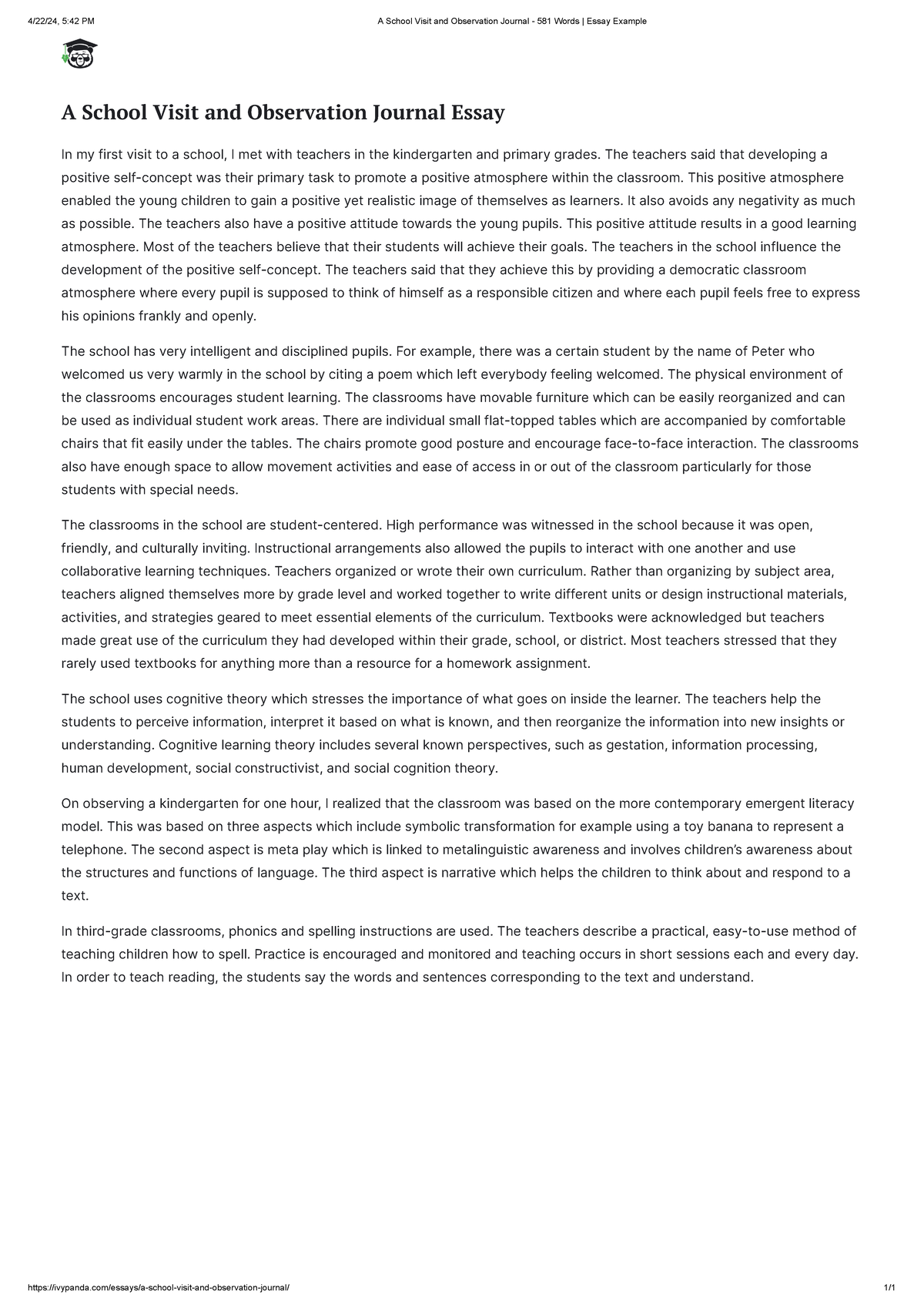 A School Visit and Observation Journal - 581 Words Essay Example - 4/22 ...