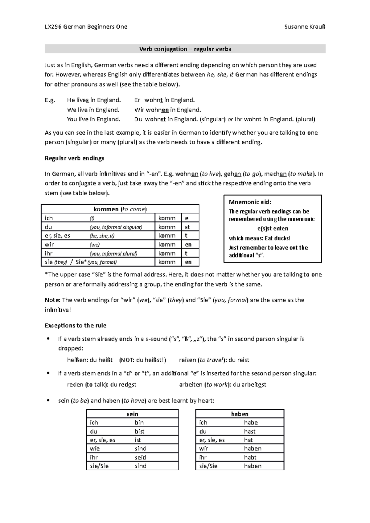 Grammar sheet - verb conjugation-regular - LX296 German Beginners One ...