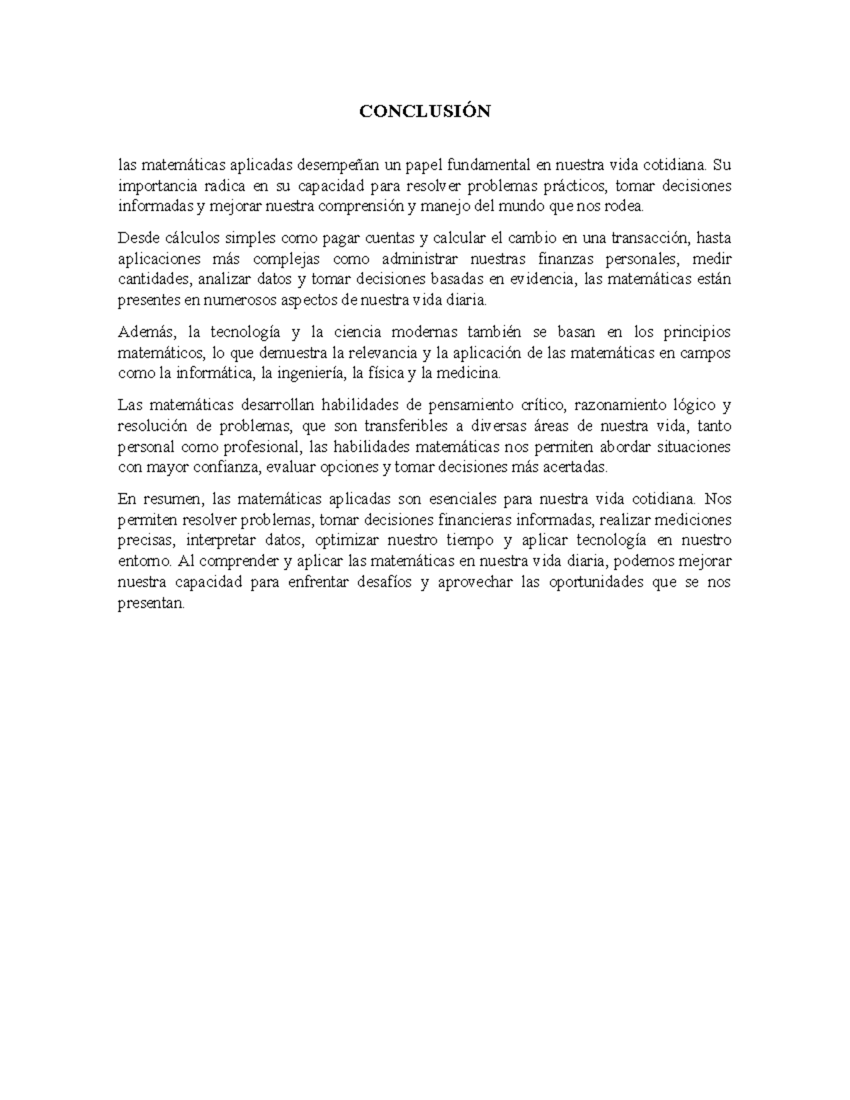 Conclusión DE Matematicas - CONCLUSIÓN las matemáticas aplicadas ...