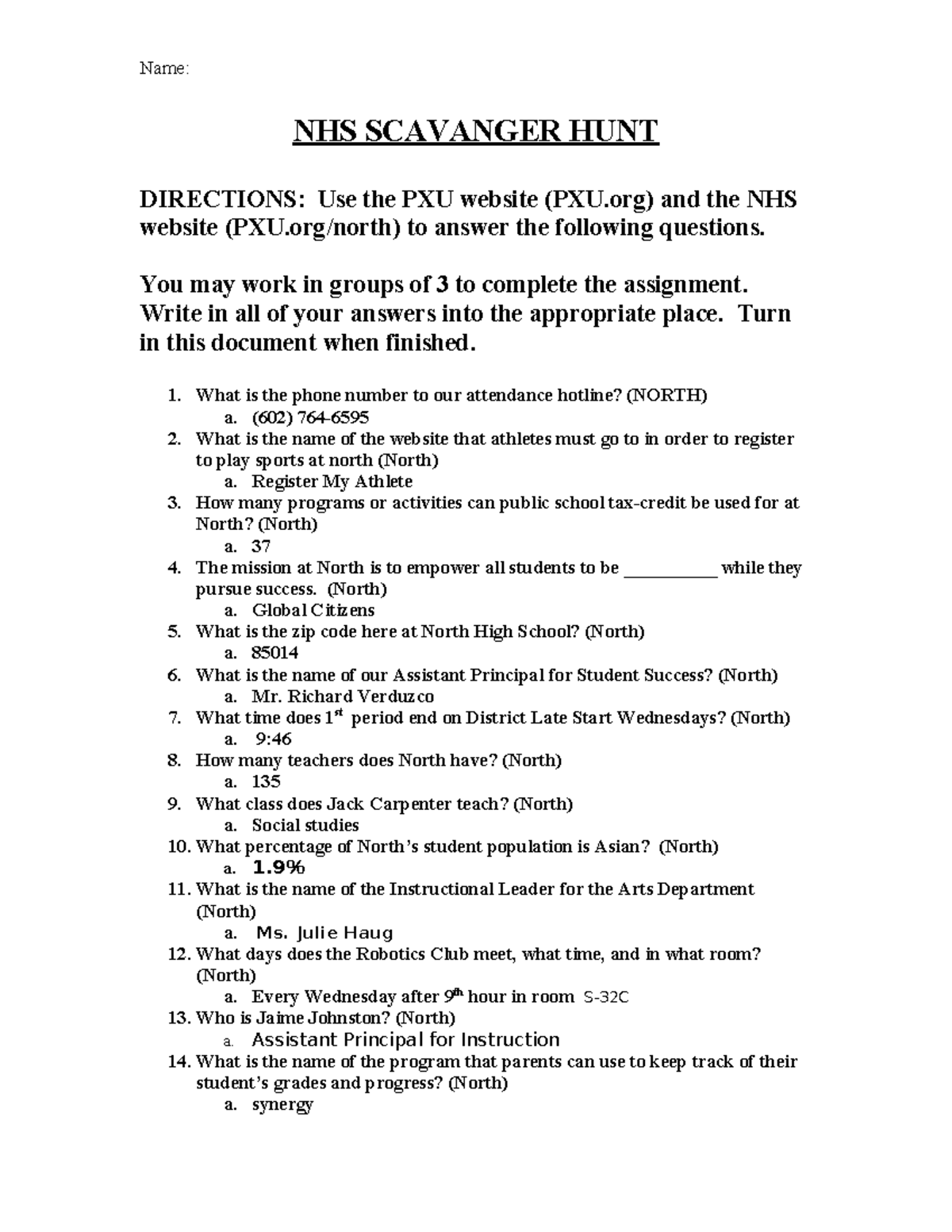 Scavanger HUNT - Name: NHS SCAVANGER HUNT DIRECTIONS: Use the PXU ...