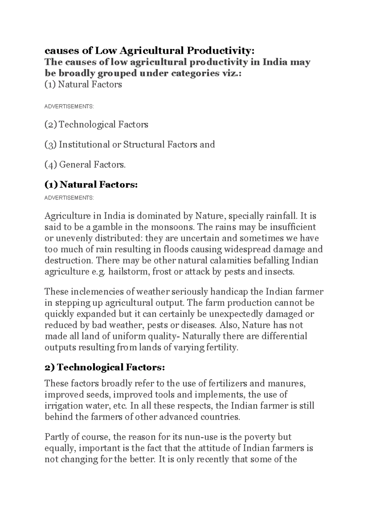 Blossoms in the dust - causes of Low Agricultural Productivity: The ...