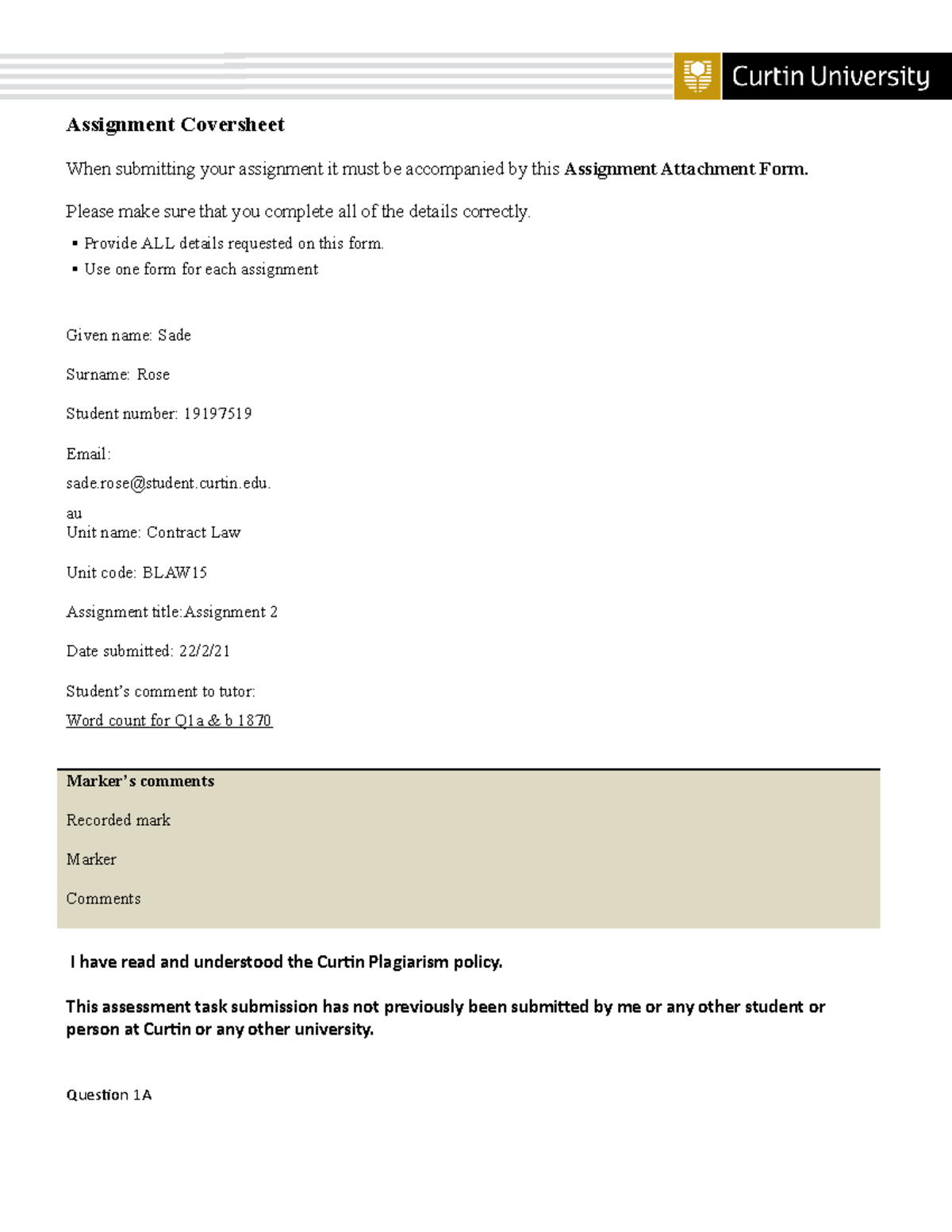 Contract law assignment - Assignment Coversheet When submitting your ...