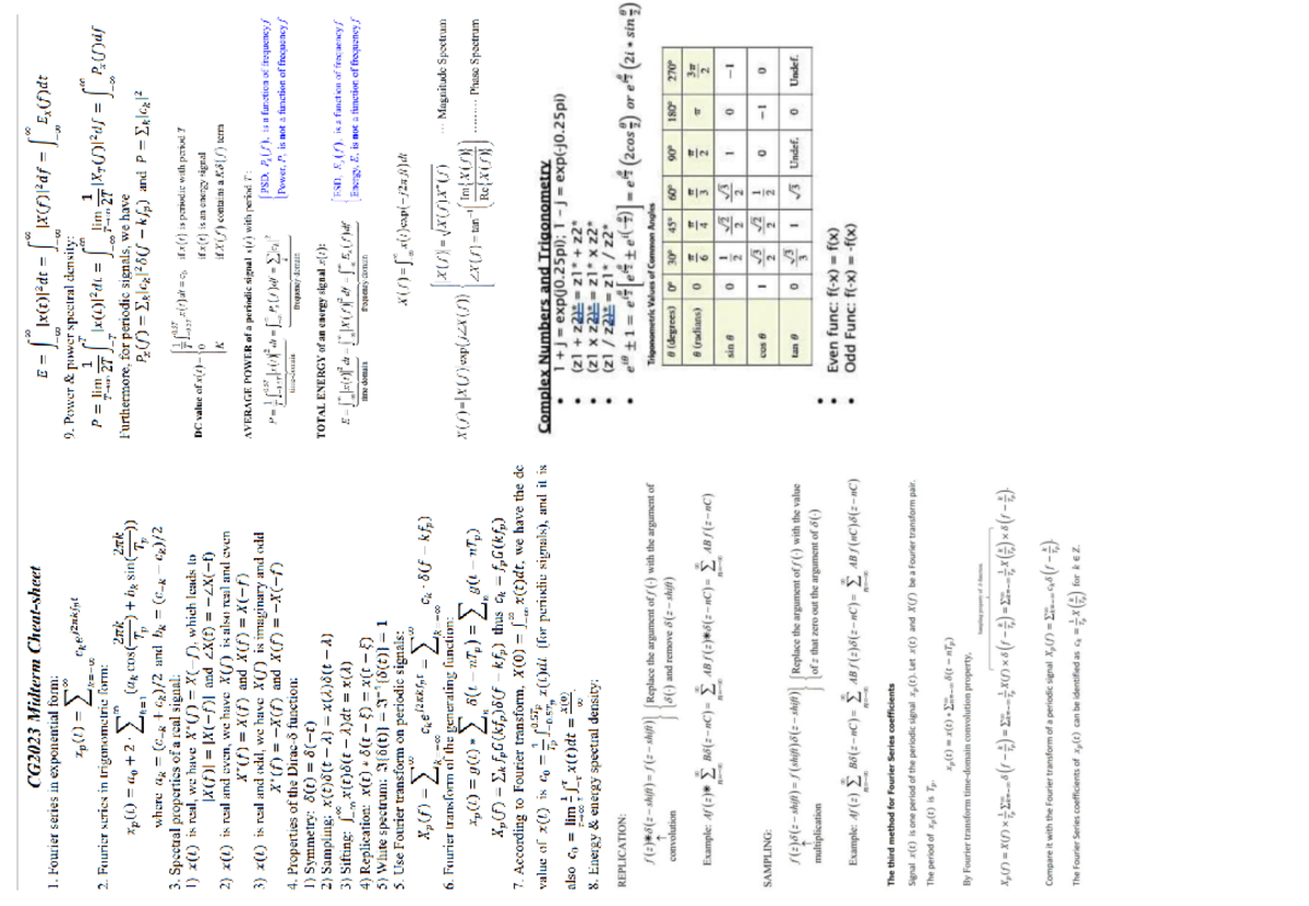 CG2023 Midterms Cheatsheet - CG2023 Midterm 1. Fourier series in exponential form: 9. Power ...