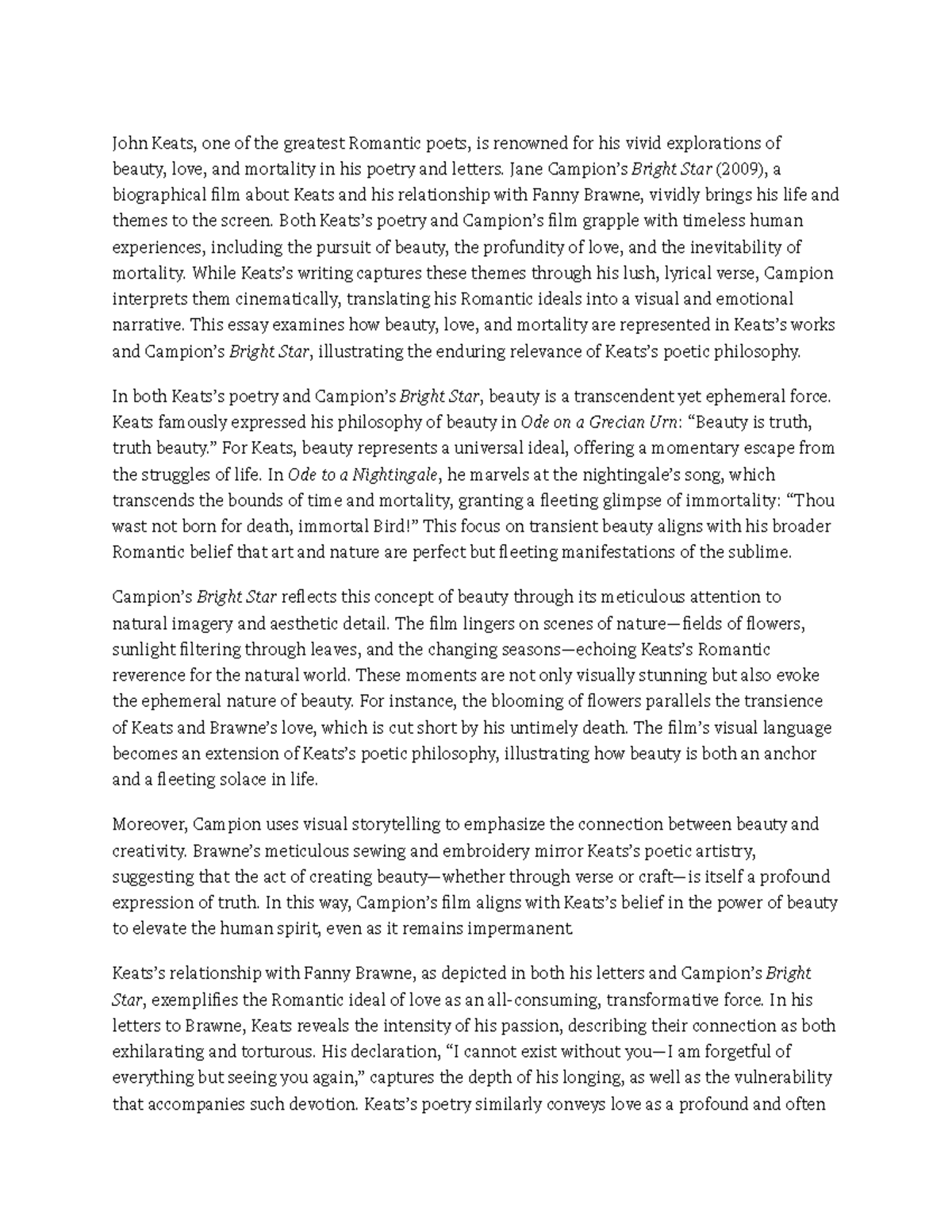 Bright Star Essay - John Keats, one of the greatest Romantic poets, is ...