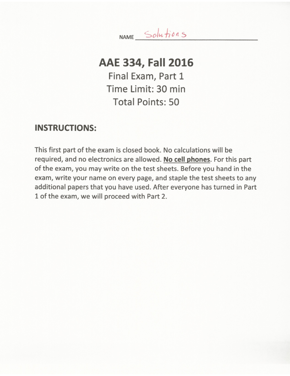 AAE334 Solutions Final Fall2016 - NAME ...