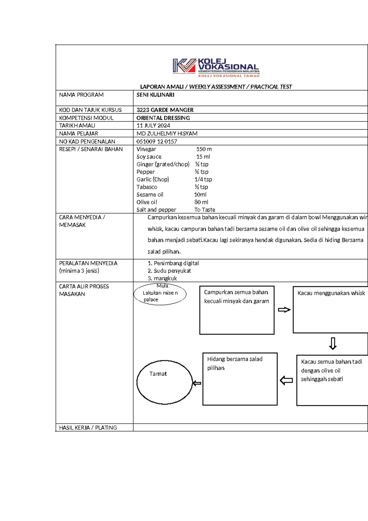 Oriental zul - Contoh laporan - LAPORAN AMALI / WEEKLY ASSESSMENT ...