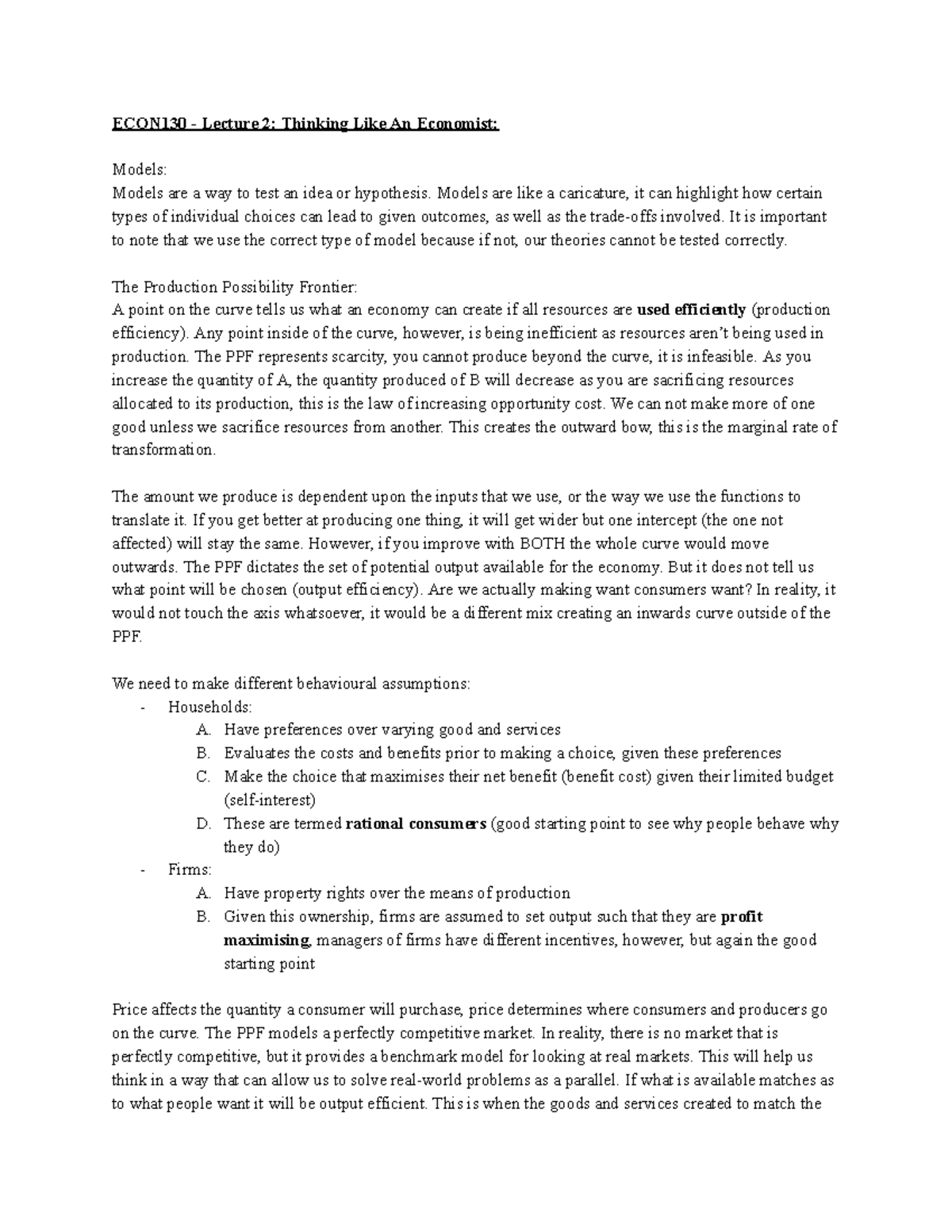 Lecture 2 Thinking Like An Economist - ECON130 - ECON130 - Lecture 2 ...