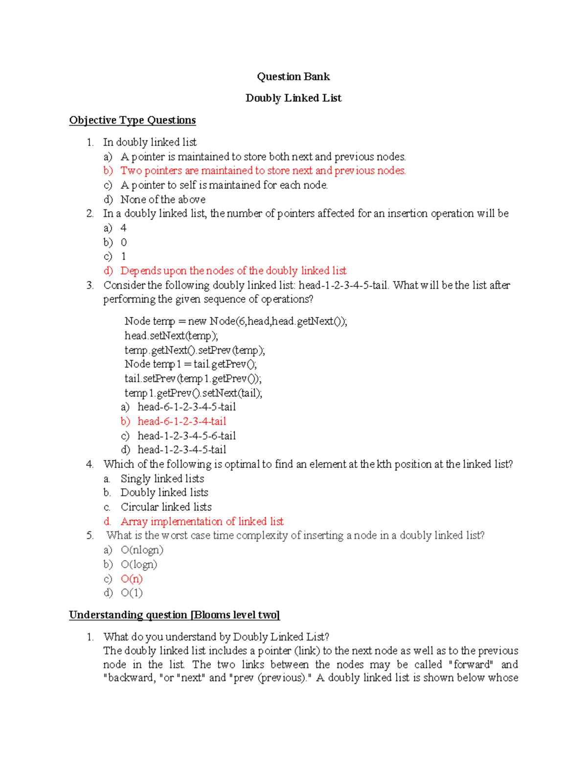 Doubly Linked List Qb Question Bank Question Bank Doubly Linked List Objective Type