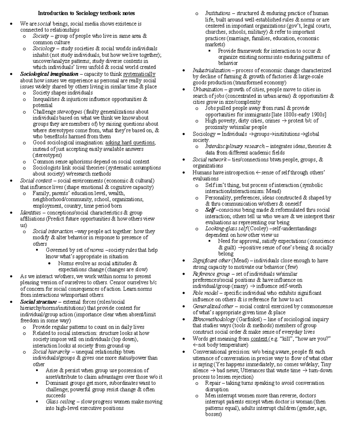 Intro to Sociology - Notes on the midterm topic, lectures, and readings ...