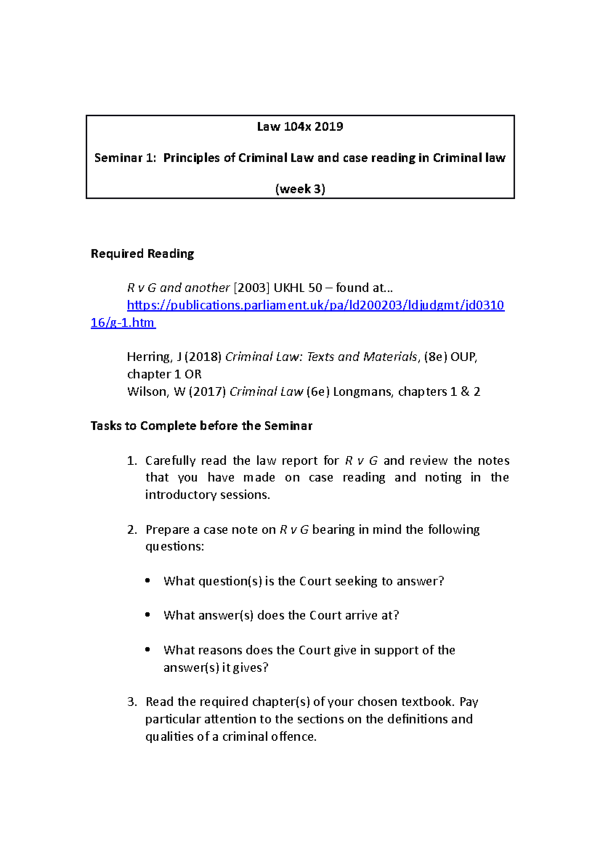 Seminar 1 week 3 rvg recklessness - Law 104x 2019 Seminar 1: Principles ...