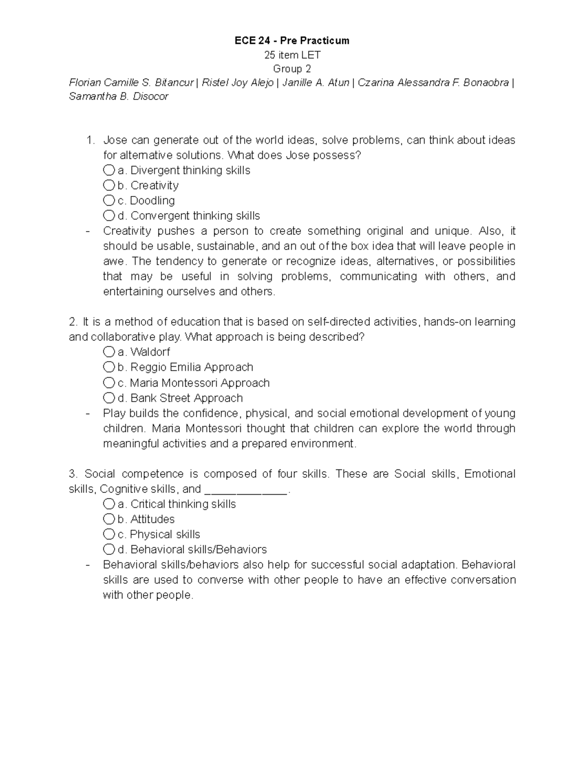 25 items (PRE- Practicum) - 25 item LET Group 2 Florian Camille S ...