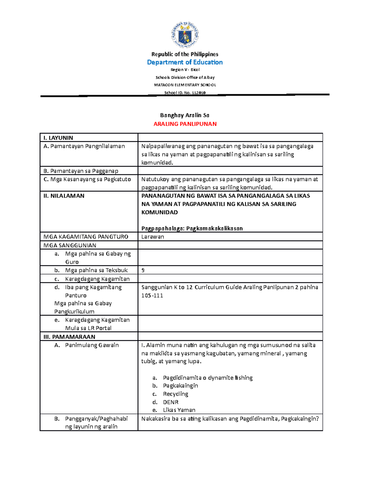 Detailded lesson plan in AP - Republic of the Philippines Department of Education Region V ...