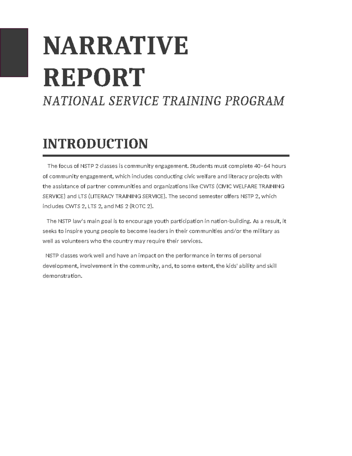 Document (12) - NARRATIVE REPORT NATIONAL SERVICE TRAINING PROGRAM ...