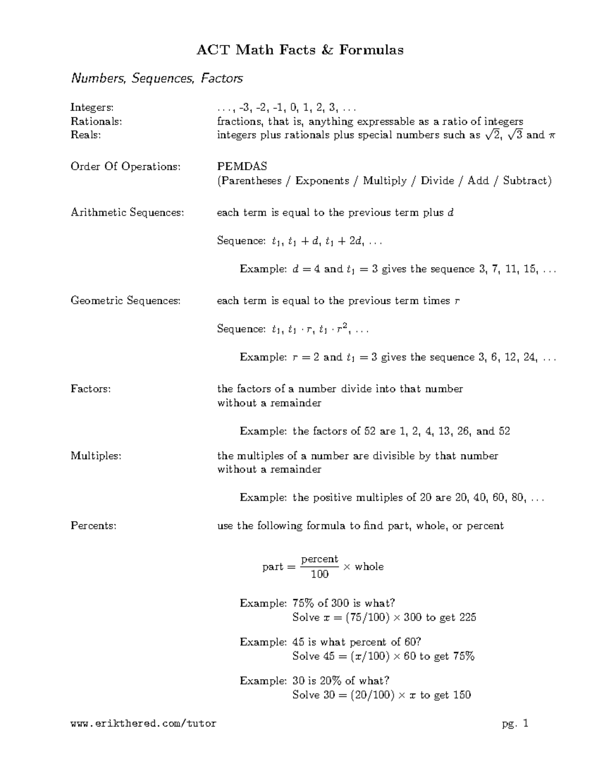ACT Math Facts & Formulas - Numbers, Sequences, Factors Integers ...