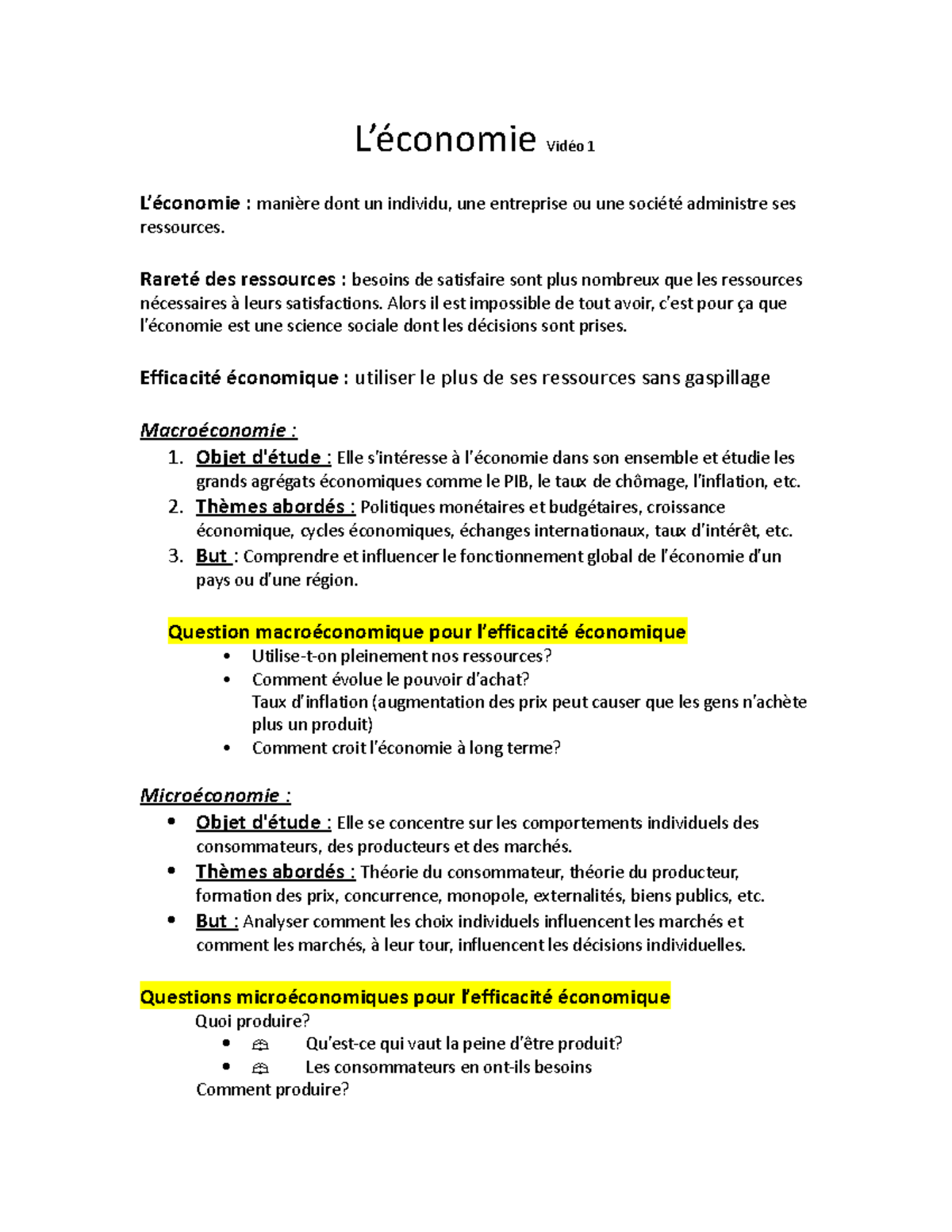 Économie week 1 - Note de cours - L’économie Vidéo 1 L’économie ...