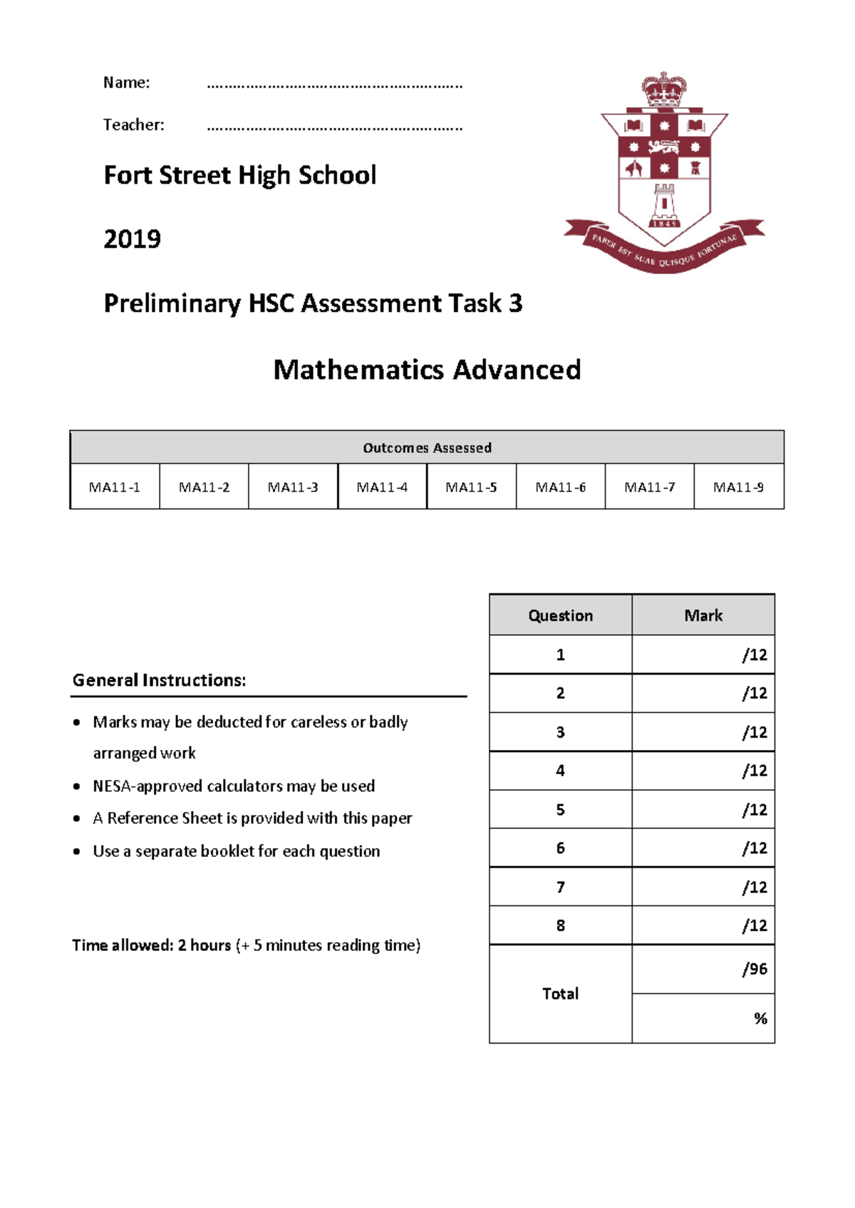 Yearly 2019 - Fort St Mathematics Advanced Paper - Name: - Studocu